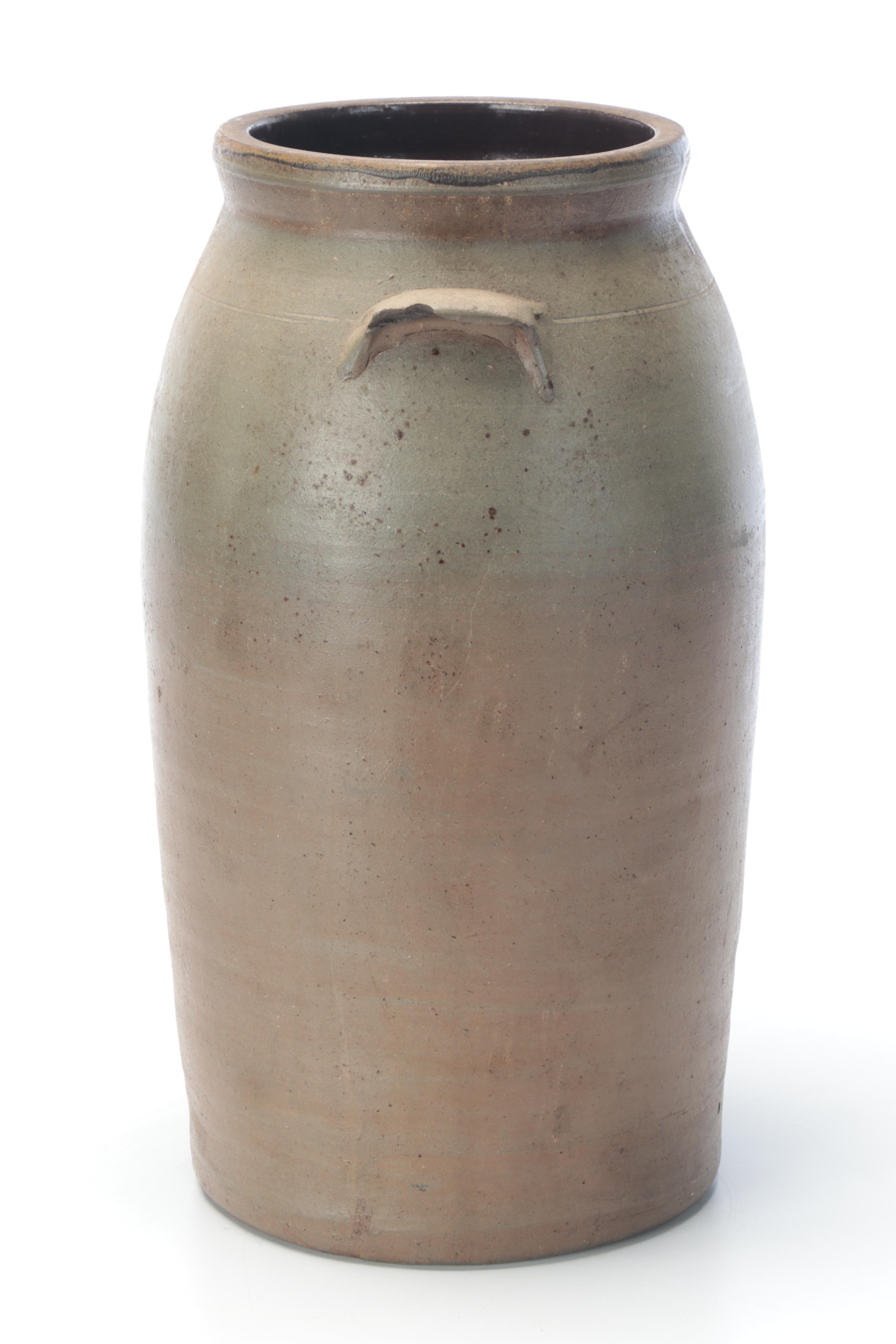 4 Gallon Salt Glazed Stoneware Crock with Elephant Ear Handles, 19th ...