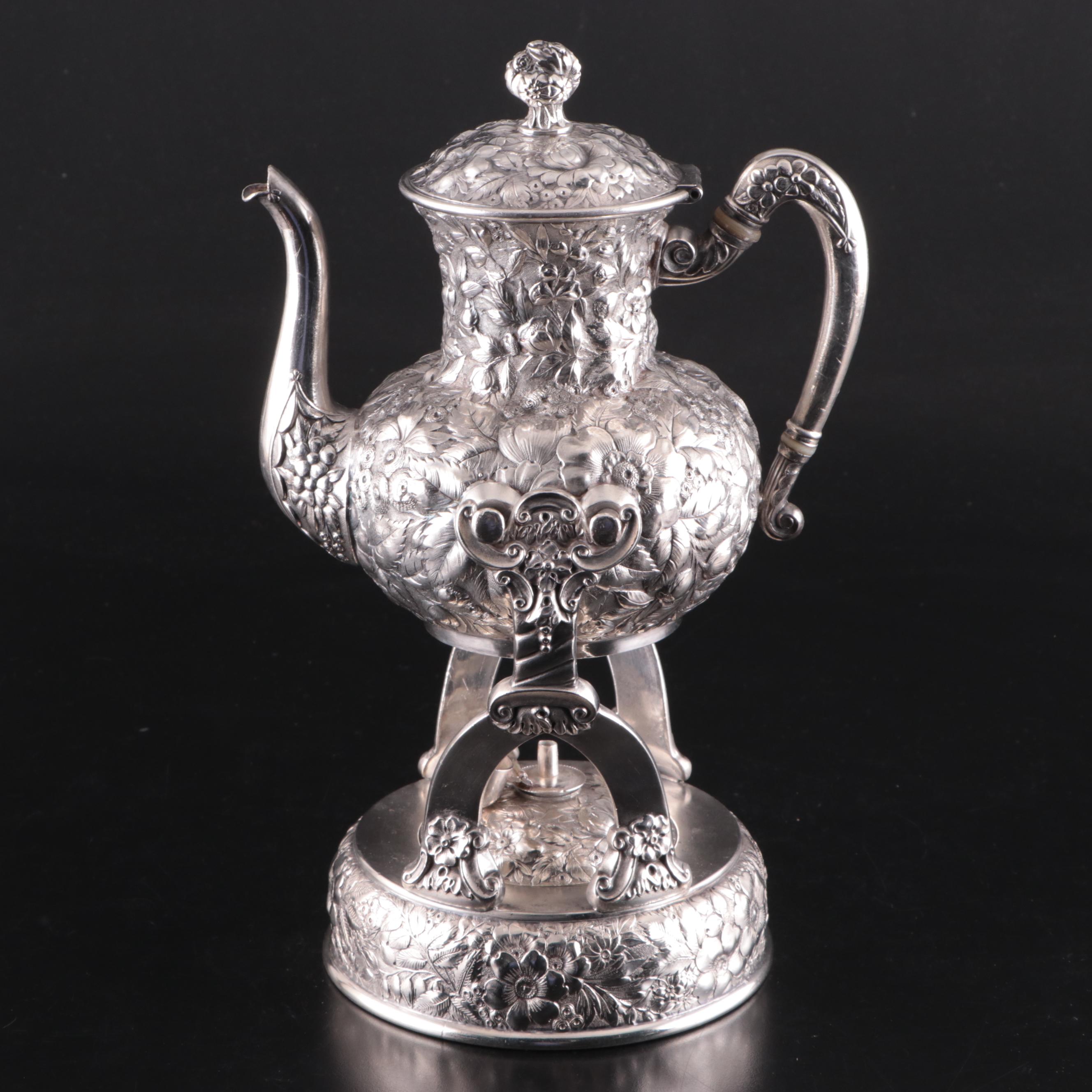 Taunton Silver Plate Co. Repoussé Teapot on Warming Stand, Mid-19th C ...