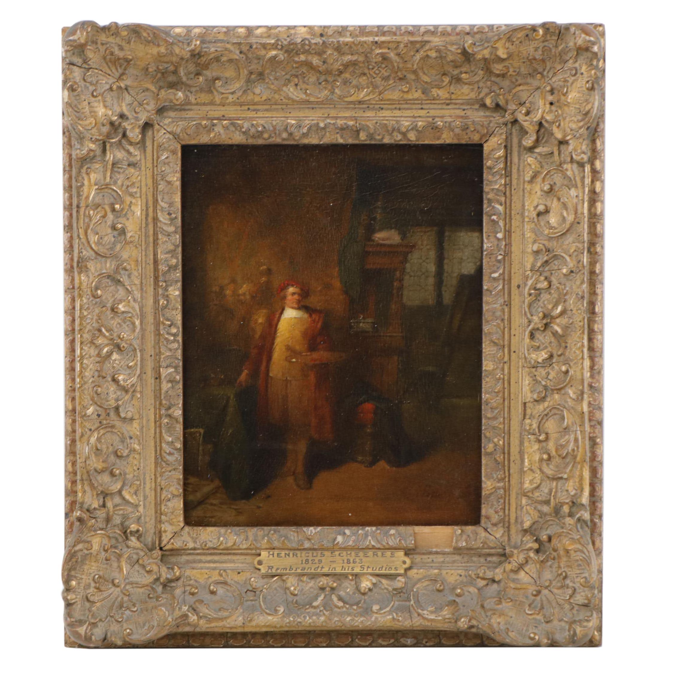 Hendricus Scheeres Oil Painting "Rembrandt in his Studios," Mid-19th ...