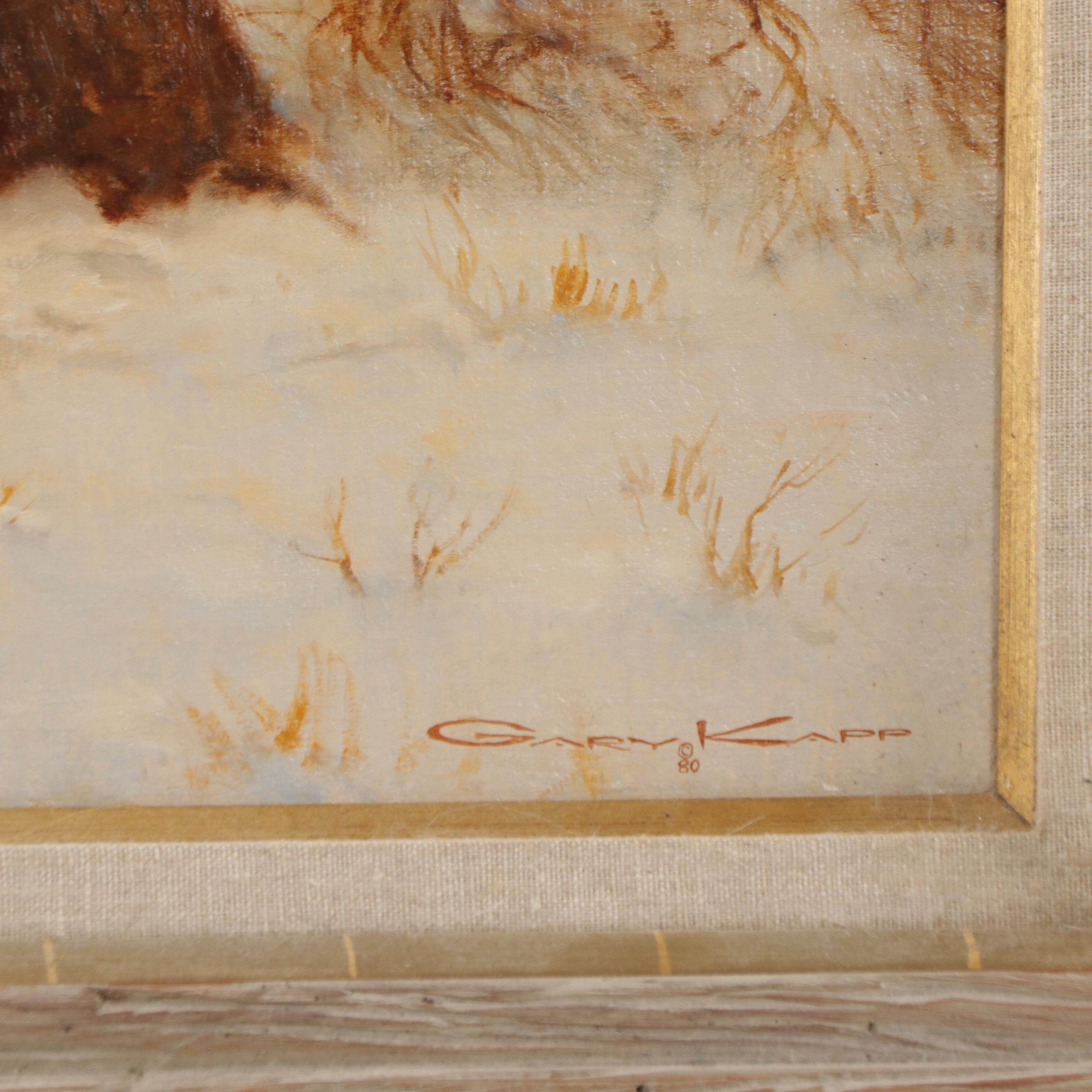 Gary Kapp Oil Painting of Trappers Camping in Winter Landscape, 1980 | EBTH