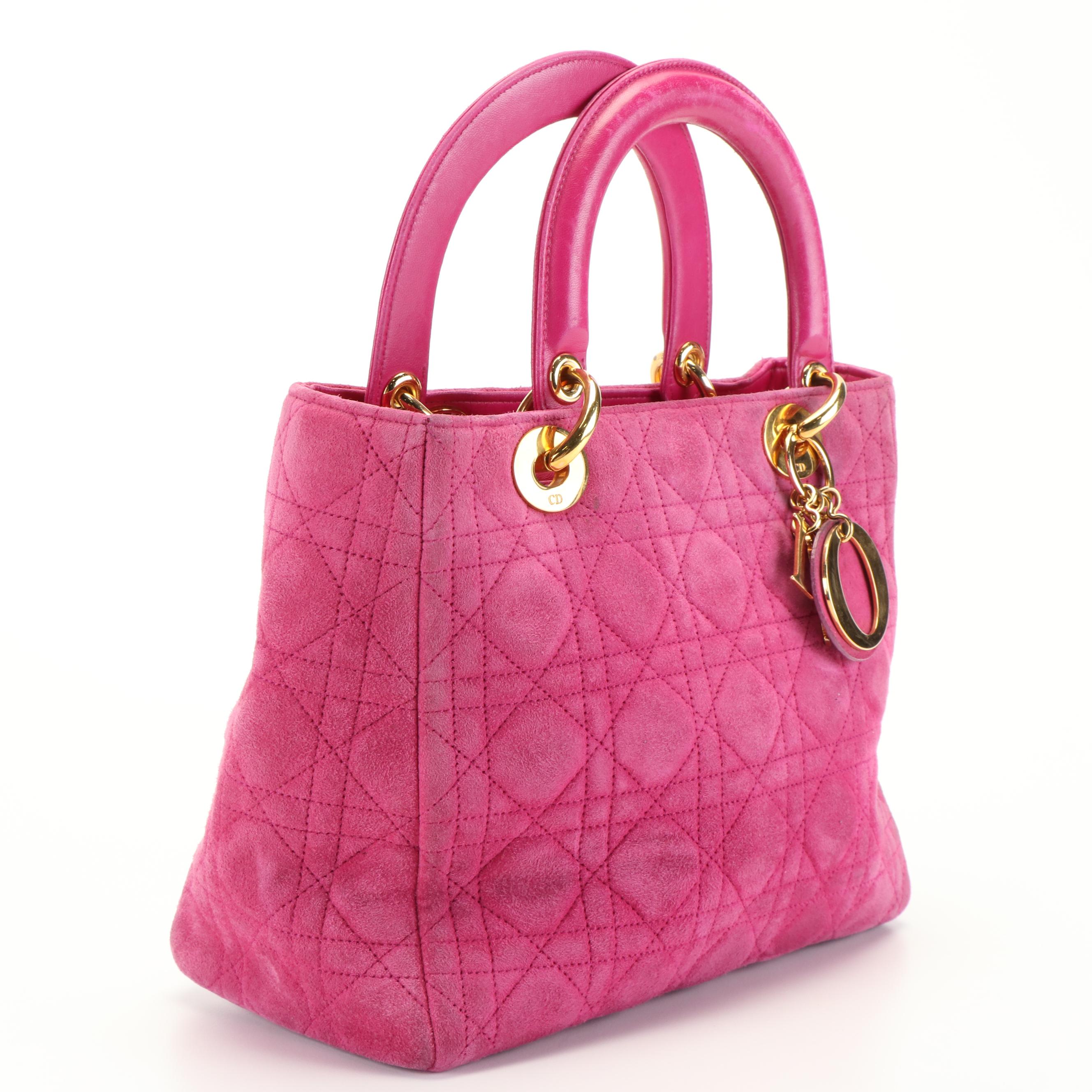 Christian Dior Lady Dior Pink Cannage Quilted Suede Tote with Leather ...