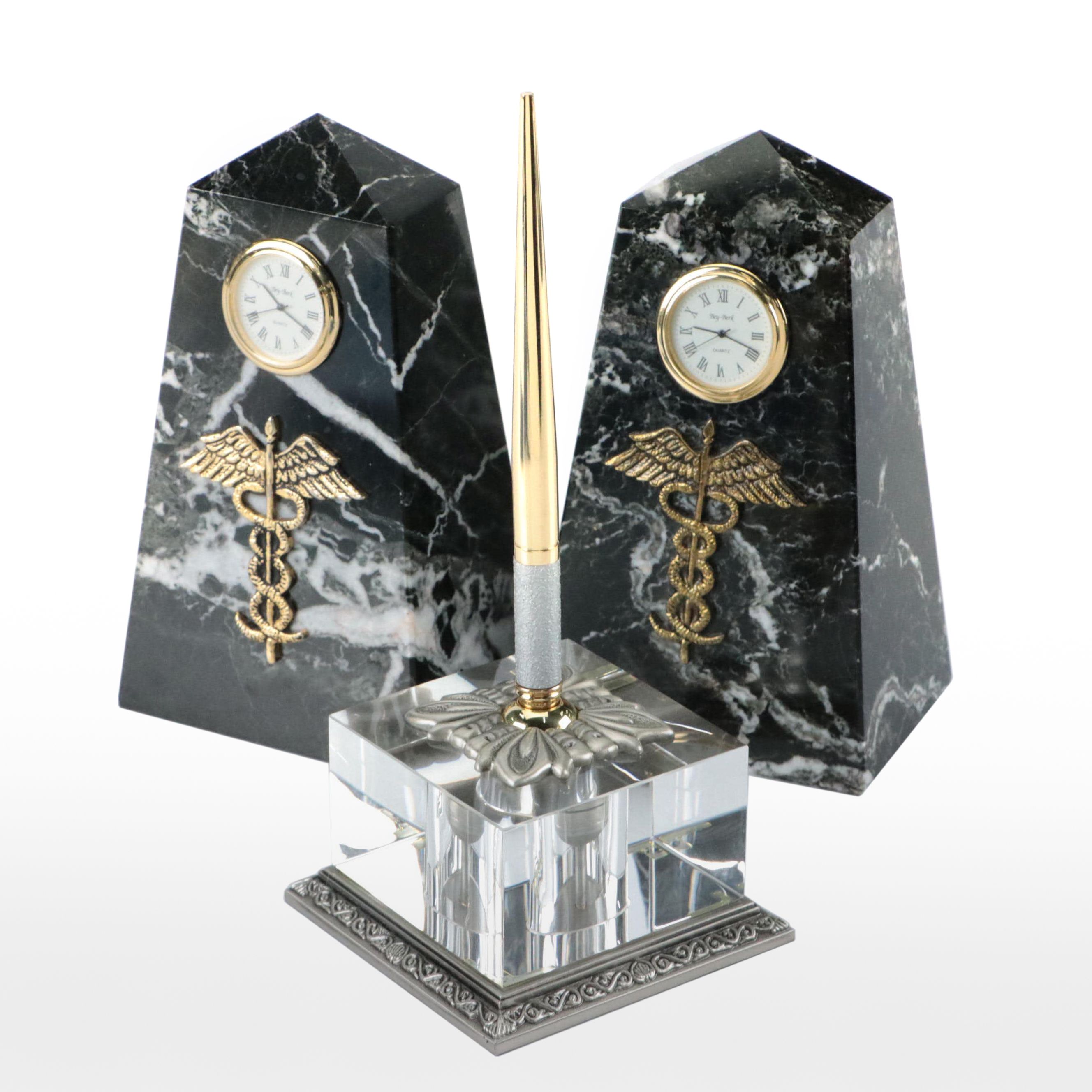 Bey-Berk Marble Caduceus Symbol Clocks with Bluestone Pen Holder and ...