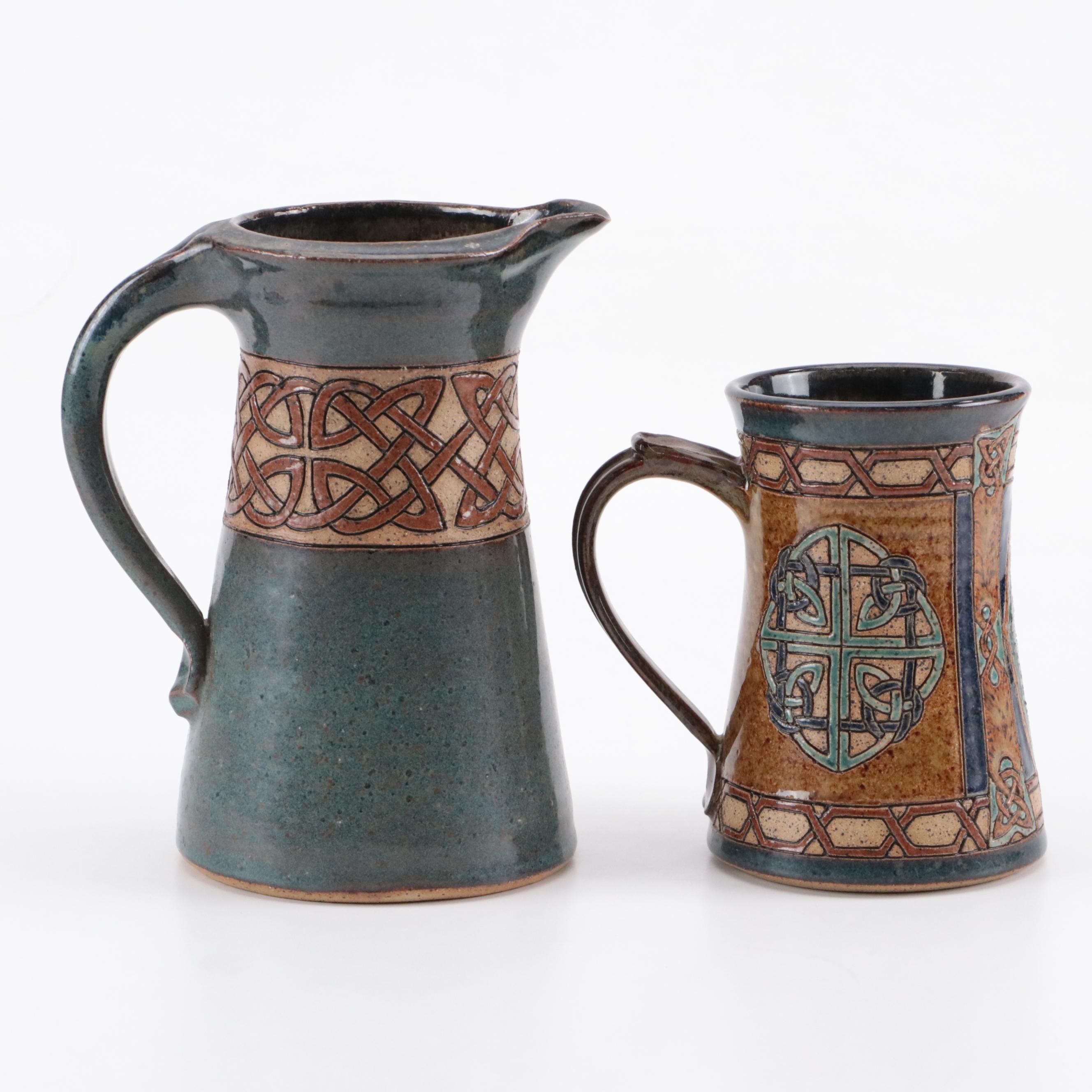 Wheel Thrown Studio Pottery Incised Celtic Knot Pitcher and Mug | EBTH