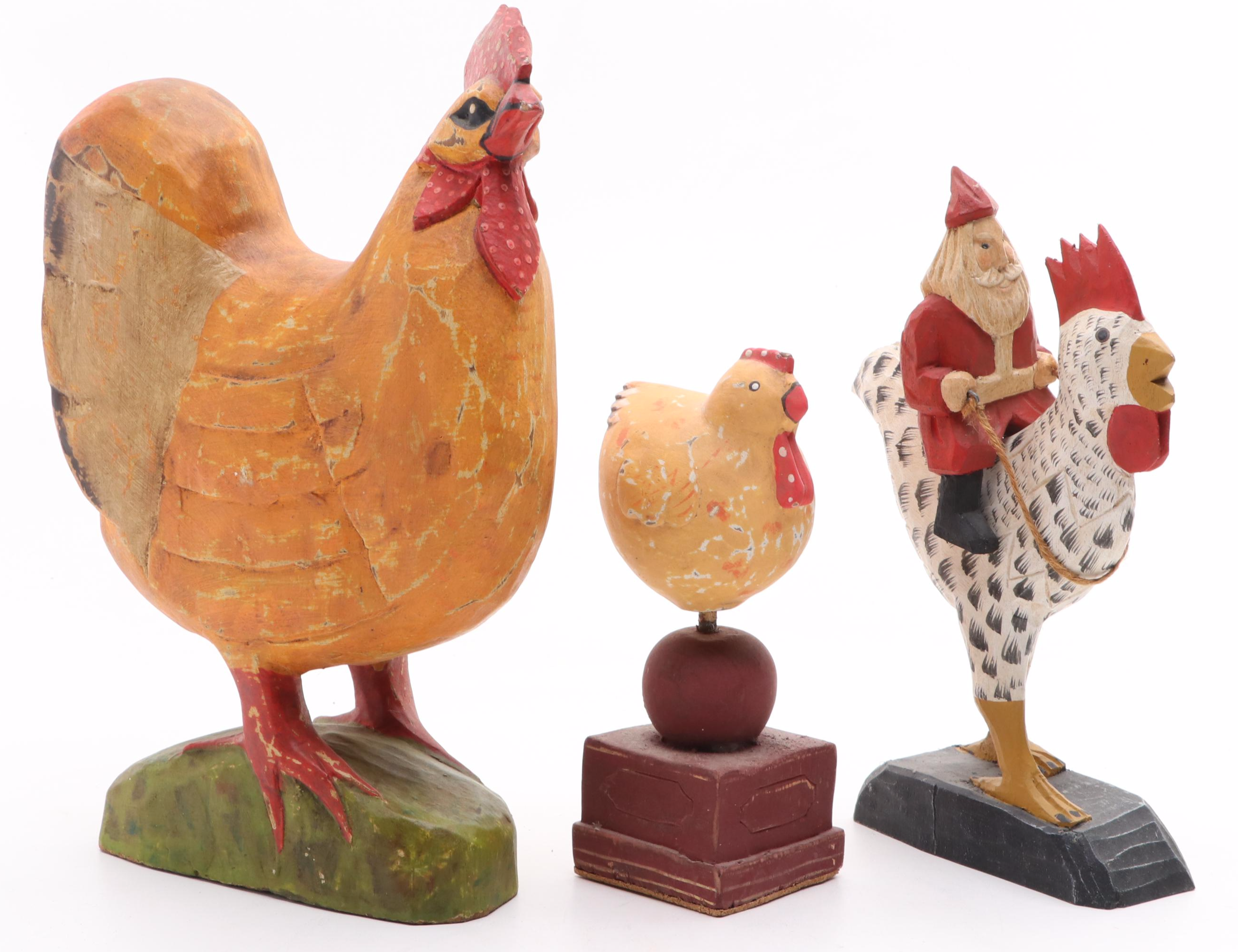 Folk Art Style Rooster Carvings Including James Haddon, 1990s | EBTH