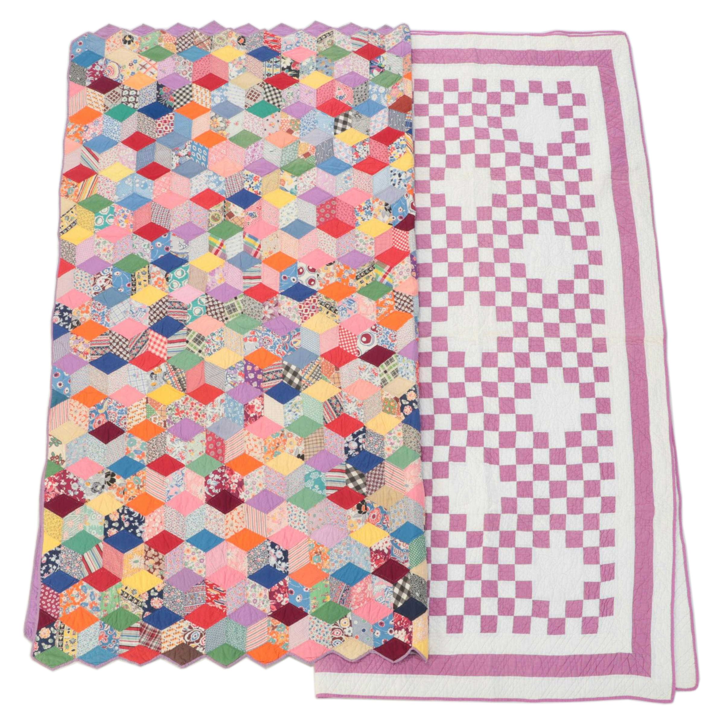 Handmade "Double Irish Chain" With Patchwork "Tumbling Blocks" Quilts ...