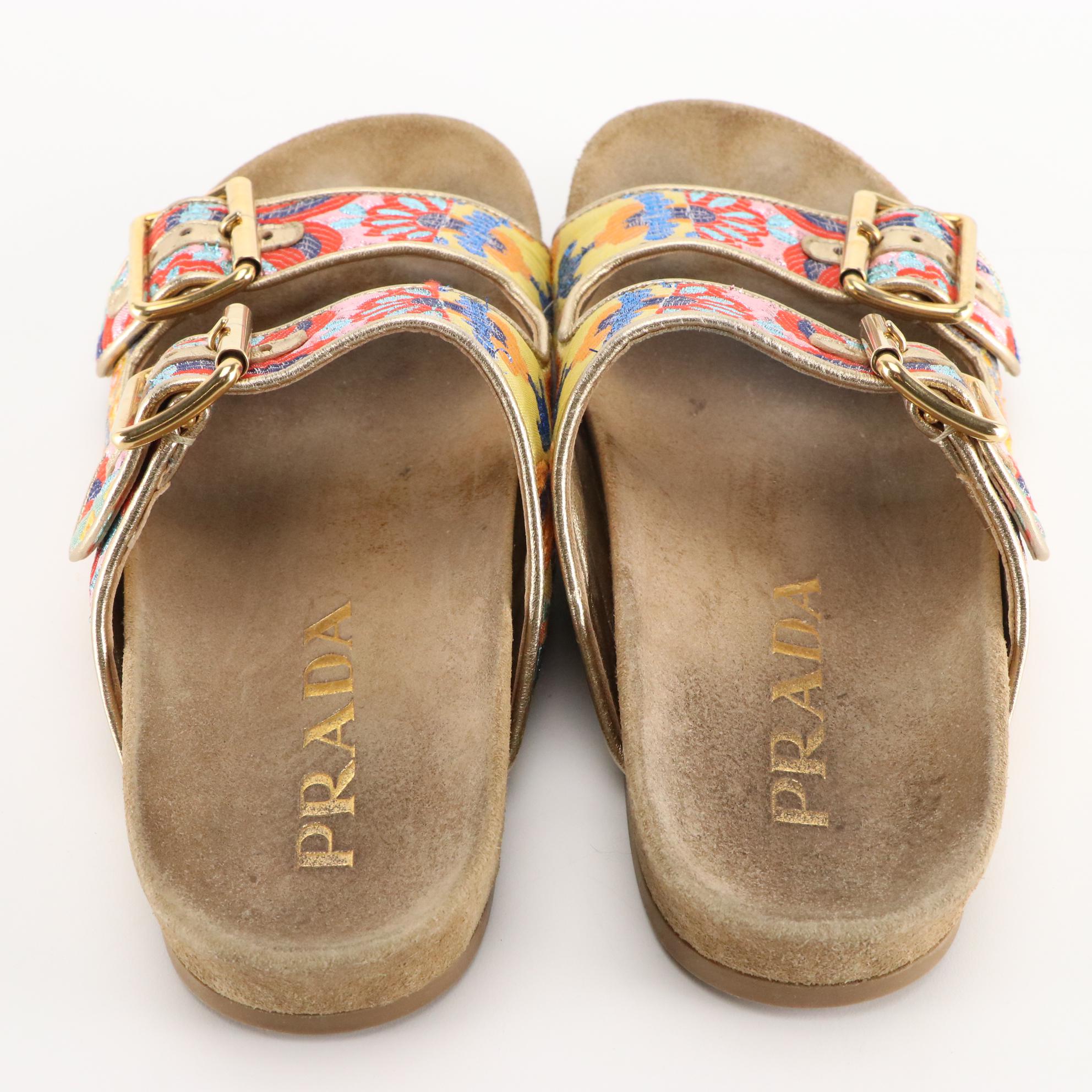 Prada Double Strap Slide Sandals in Multicolor Brocade | EBTH