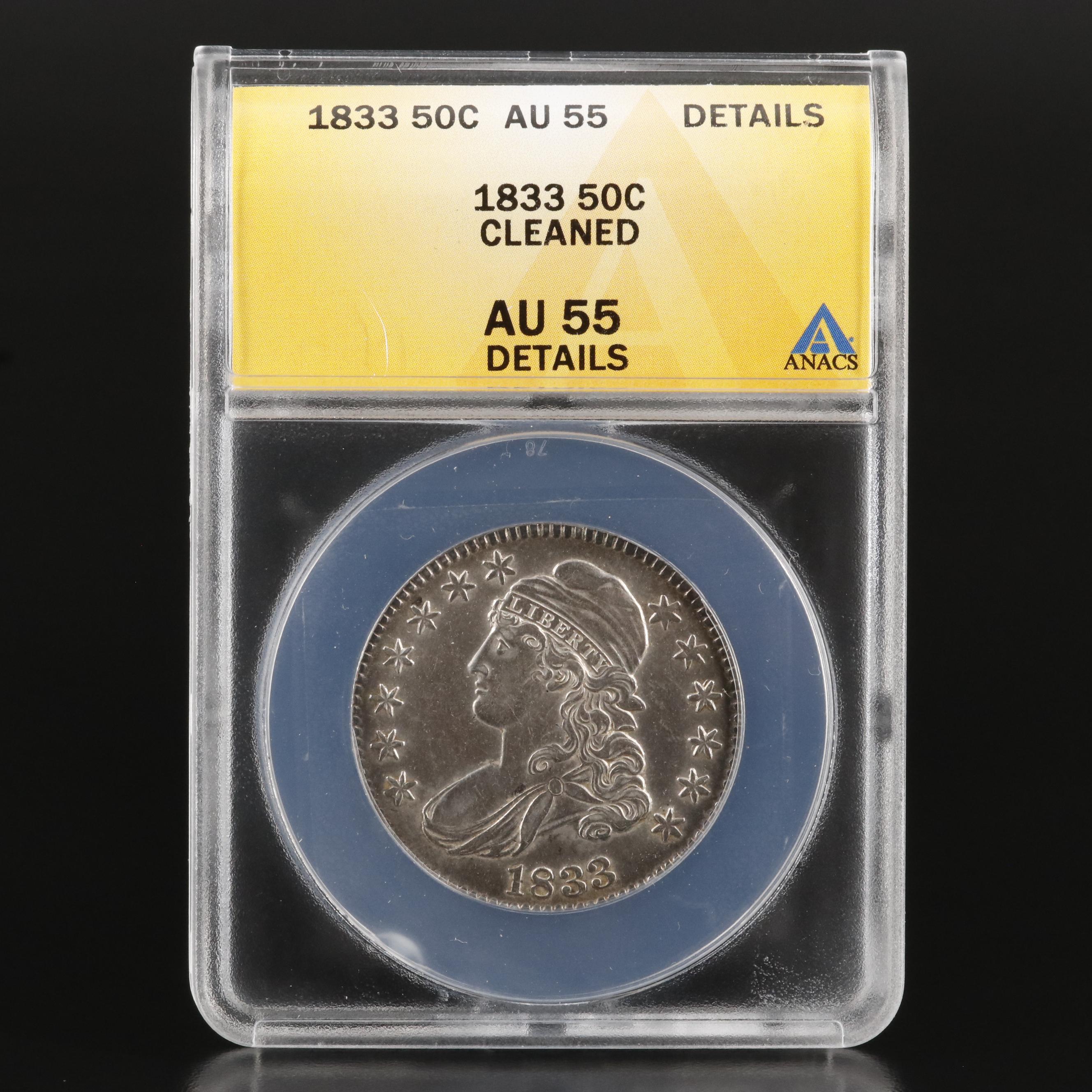 ANACS Graded AU55 Details Cleaned 1833 Capped Bust Silver Half Dollar ...