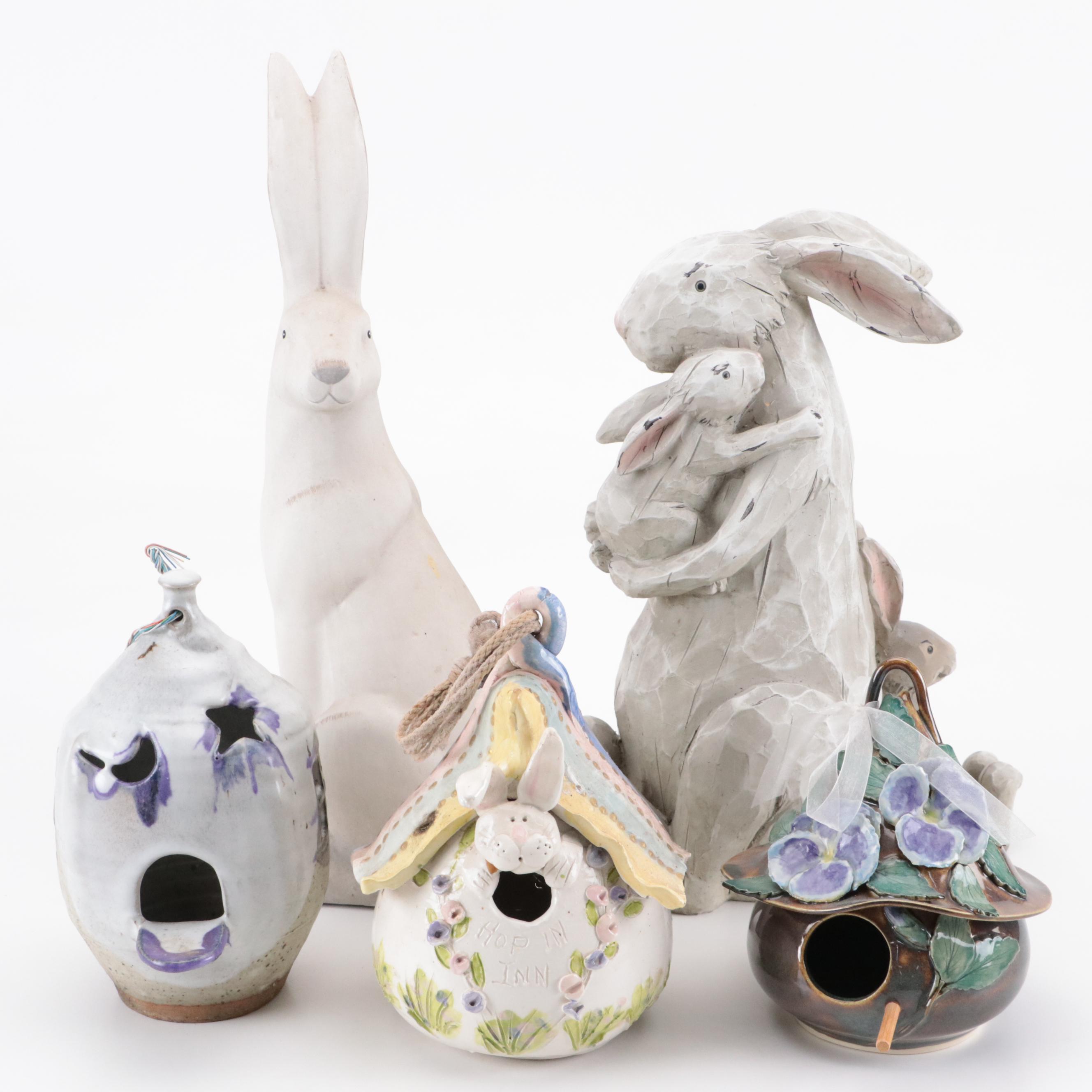 Stoneware and Ceramic Bird Houses with White and Grey Rabbit Figures | EBTH