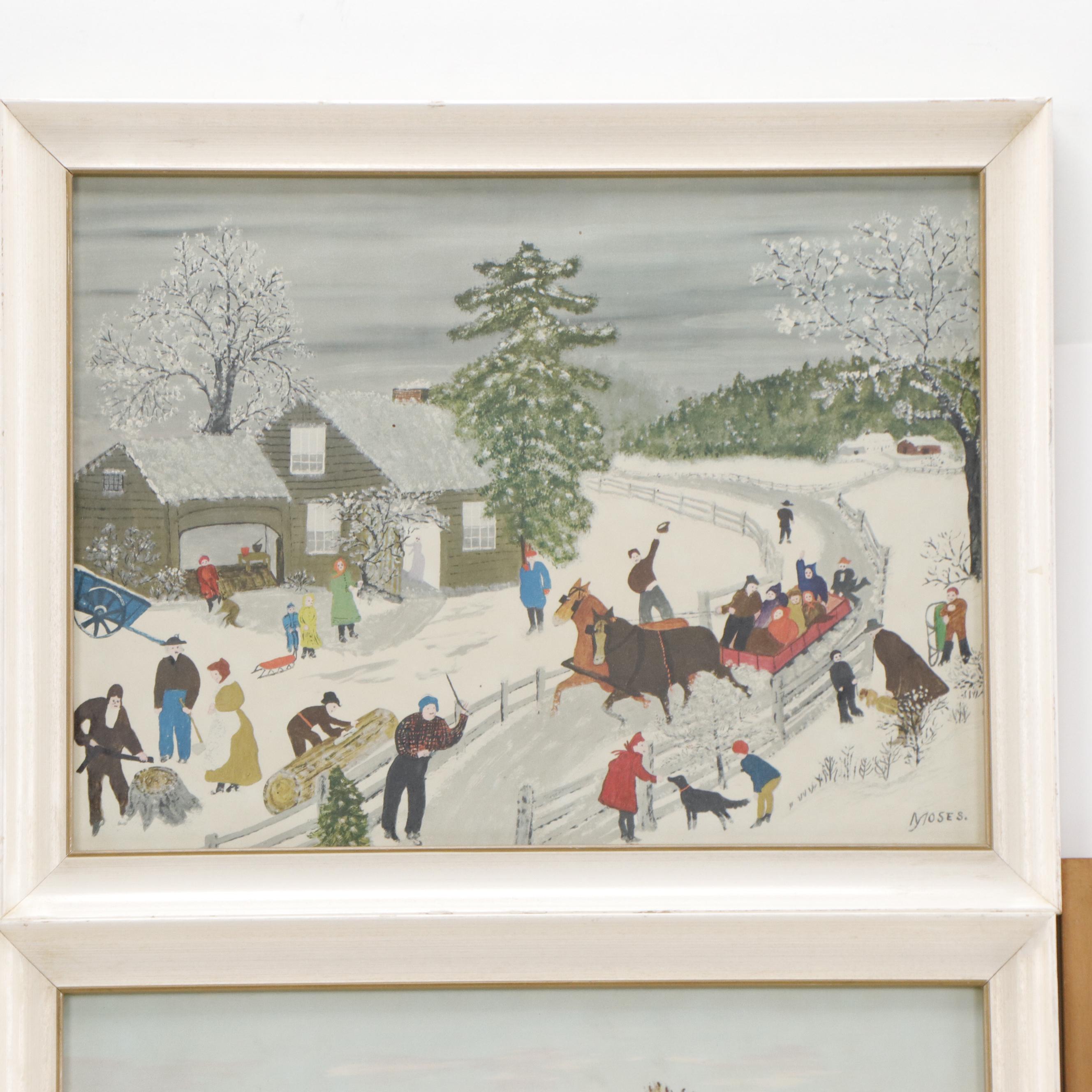 Naive Acrylic Painting of Farmer with Mule and Prints of Grandma Moses ...