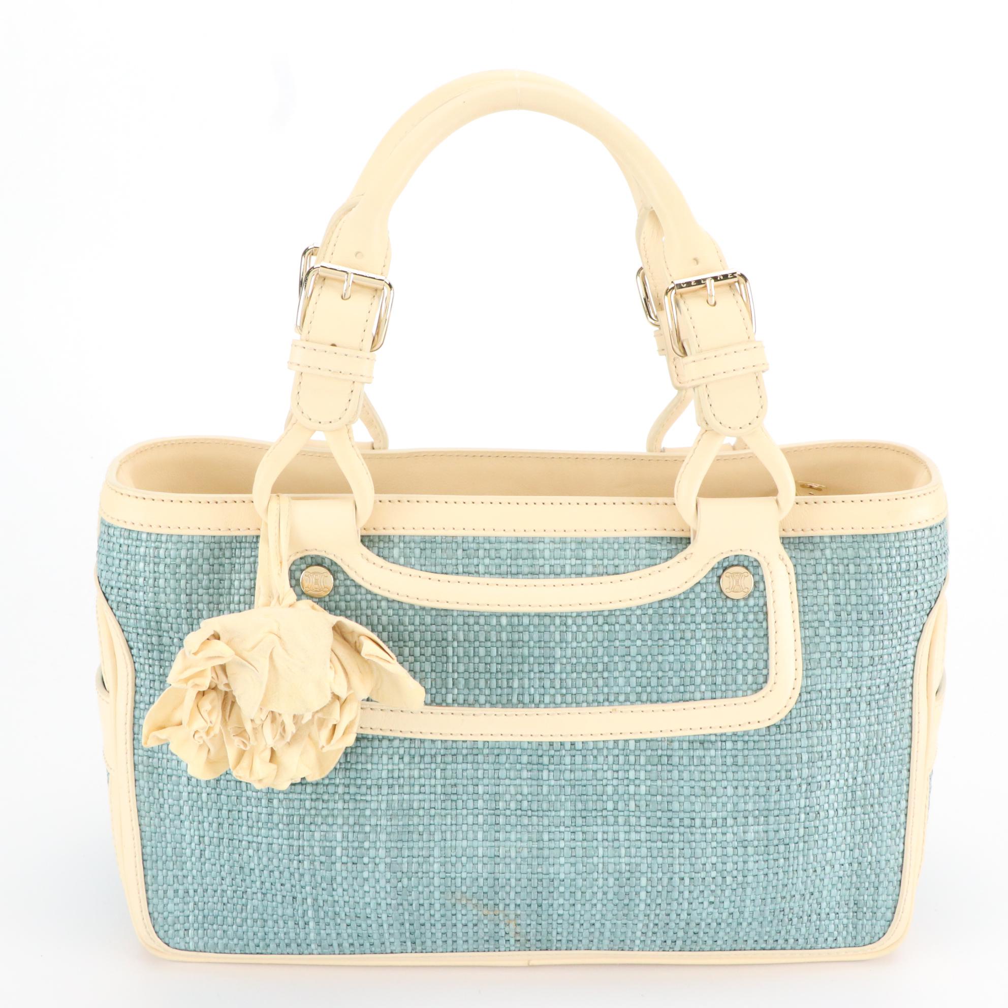 Celine Boogie Tote in Sky Blue Woven Raffia and Cream Leather Trim | EBTH