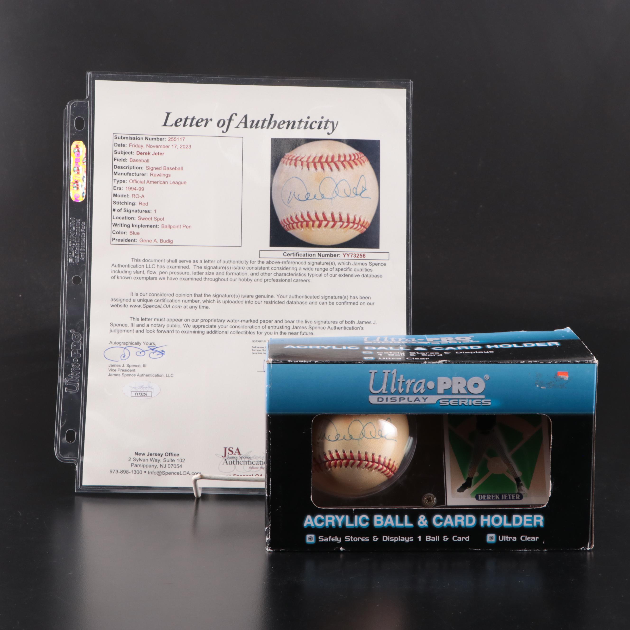 Derek Jeter Signed Rawlings Baseball with Yankees Rookie Card in ...