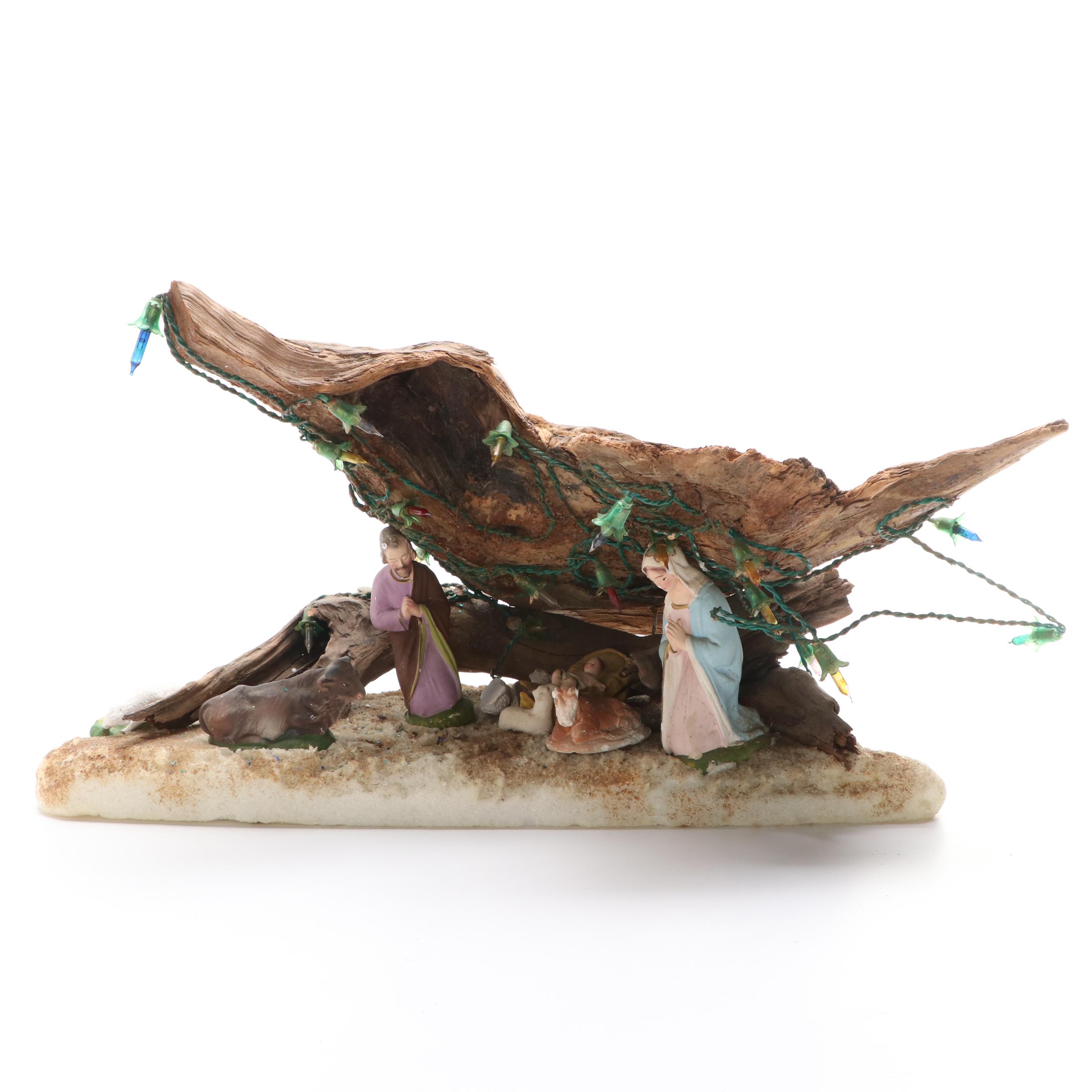 Hand-Painted Plaster Nativity Figurines in Driftwood Creche with ...