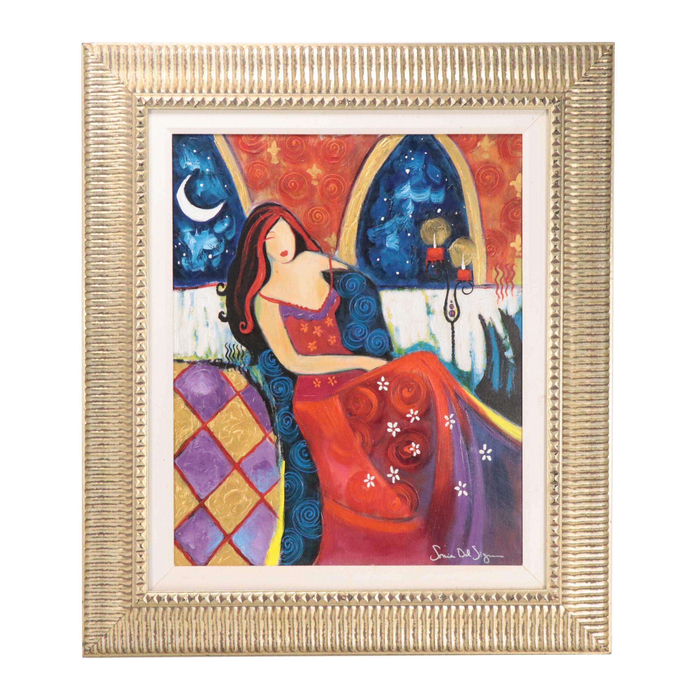 Sonia Del Signore Mixed Media Painting "Dame En Rouge" | EBTH