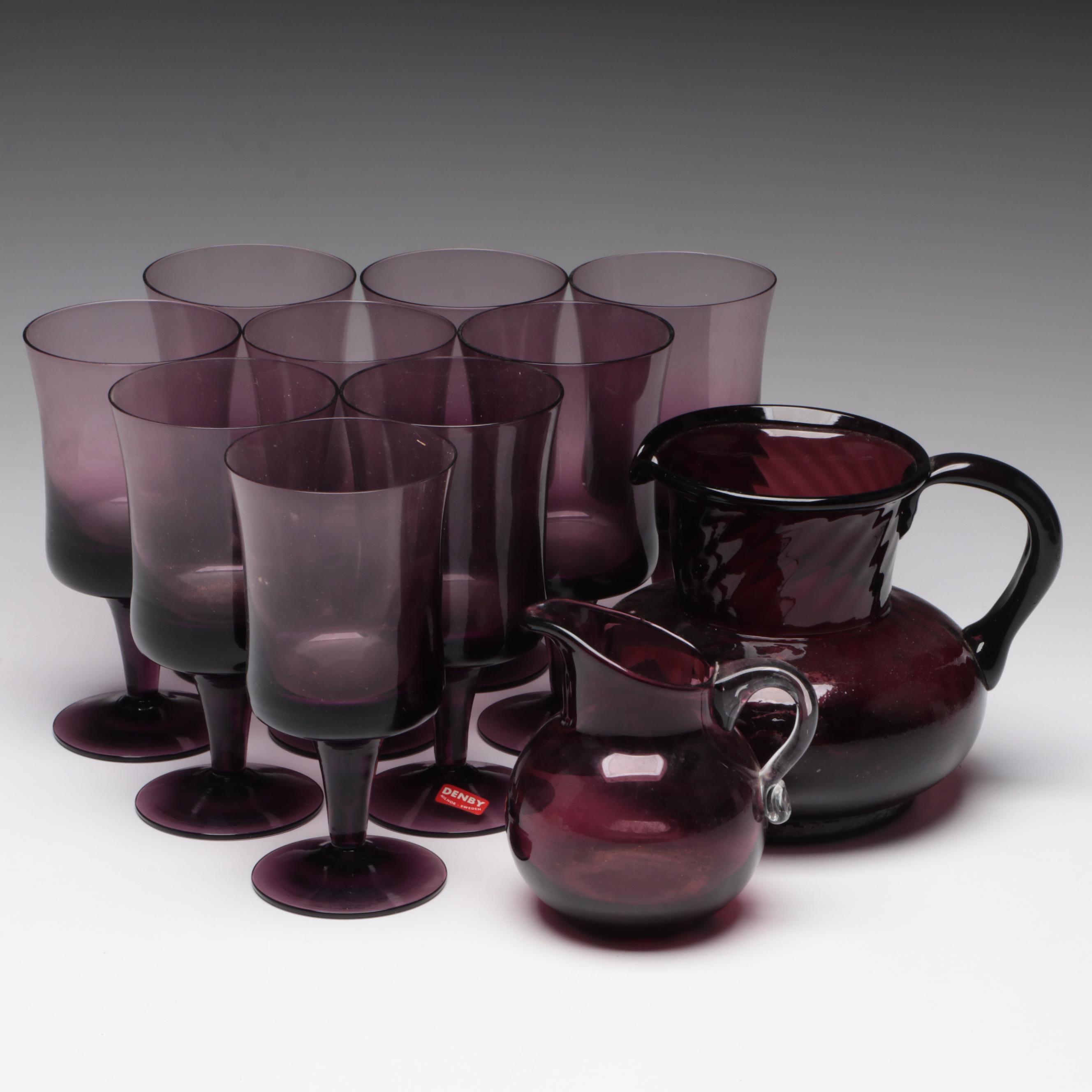 Denby Amethyst Glass Goblets and Other Glass Pitchers, Mid to Late 20th ...