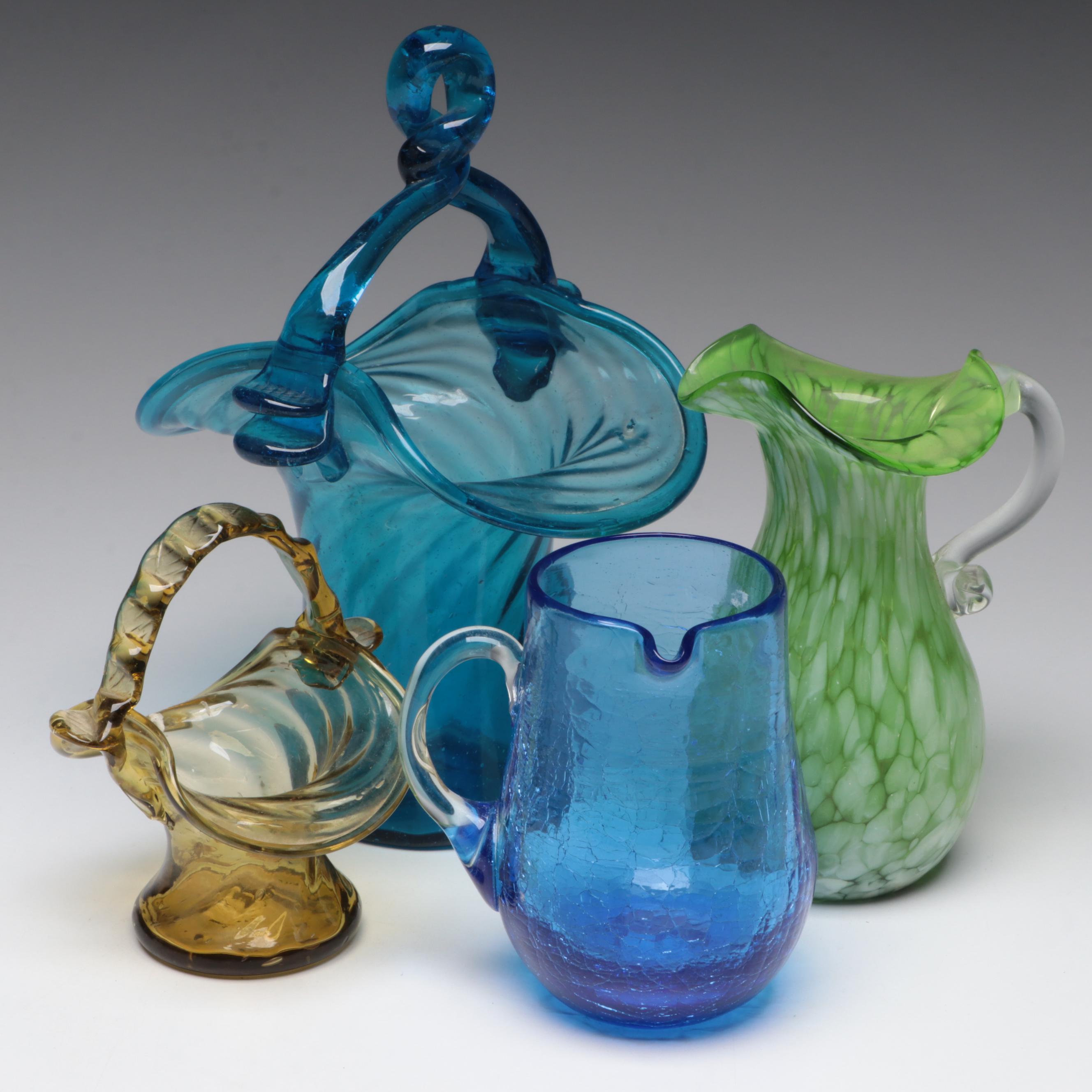 Murano Style and Crackle Style Glass Miniature Pitchers with Basket ...