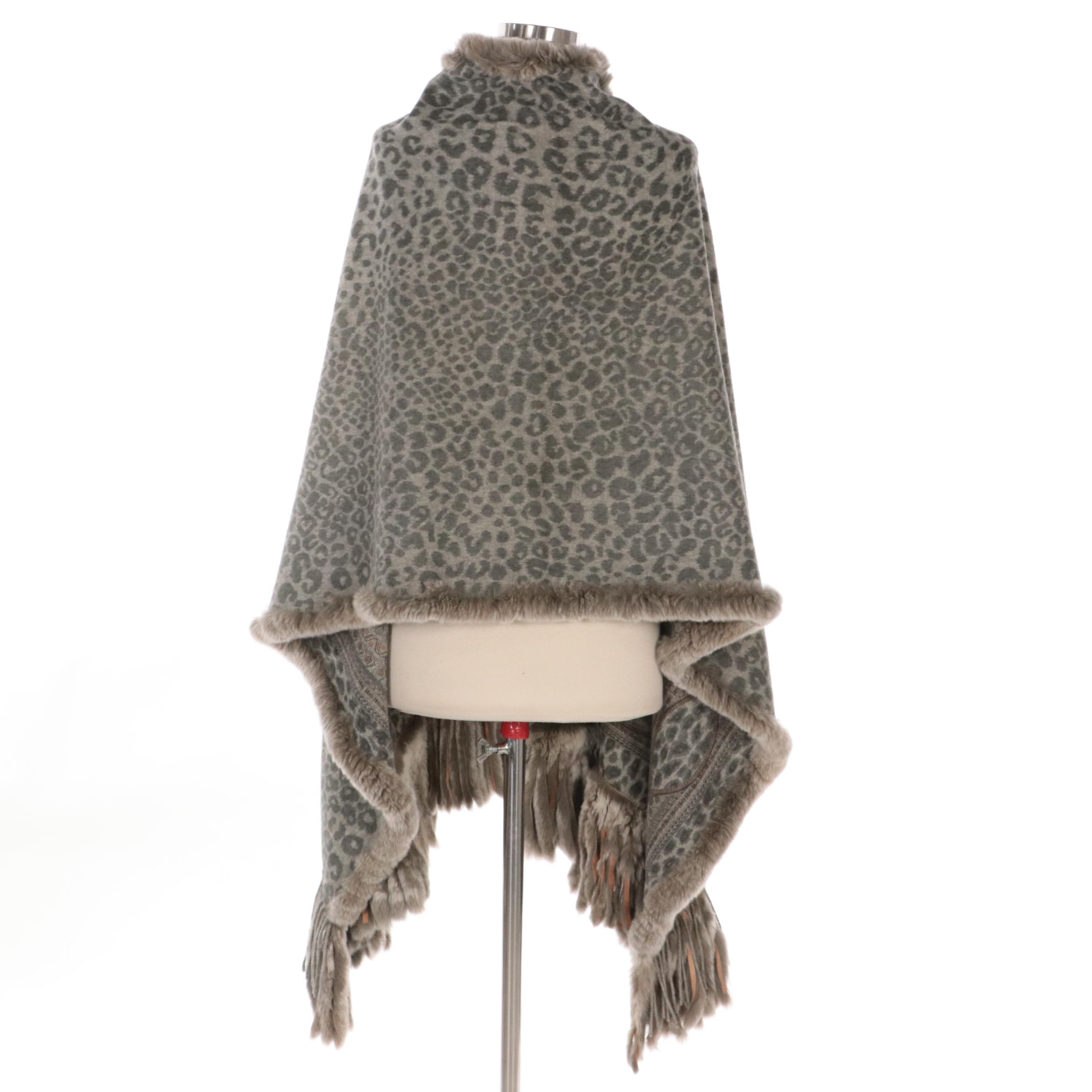 Reversible Cashmere Print Scarf Wrap with Rabbit Fur Trim | EBTH
