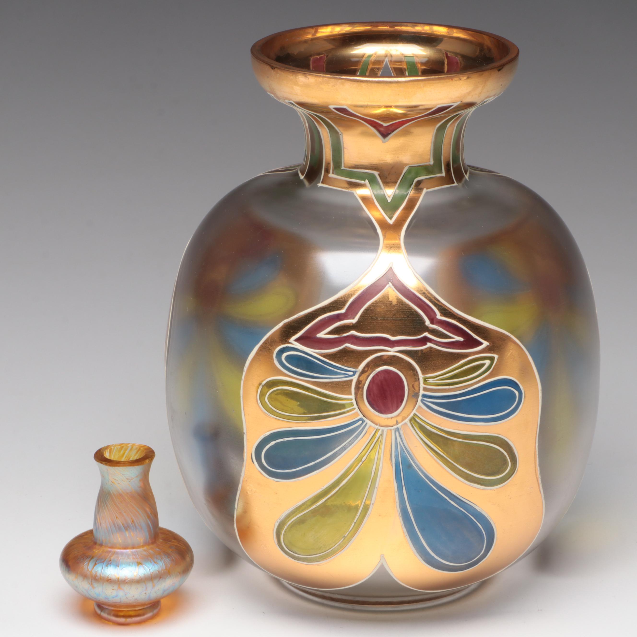 Hurrach Style Art Nouveau Bottle, Opalescent Glass Plate, Loetz Style ...