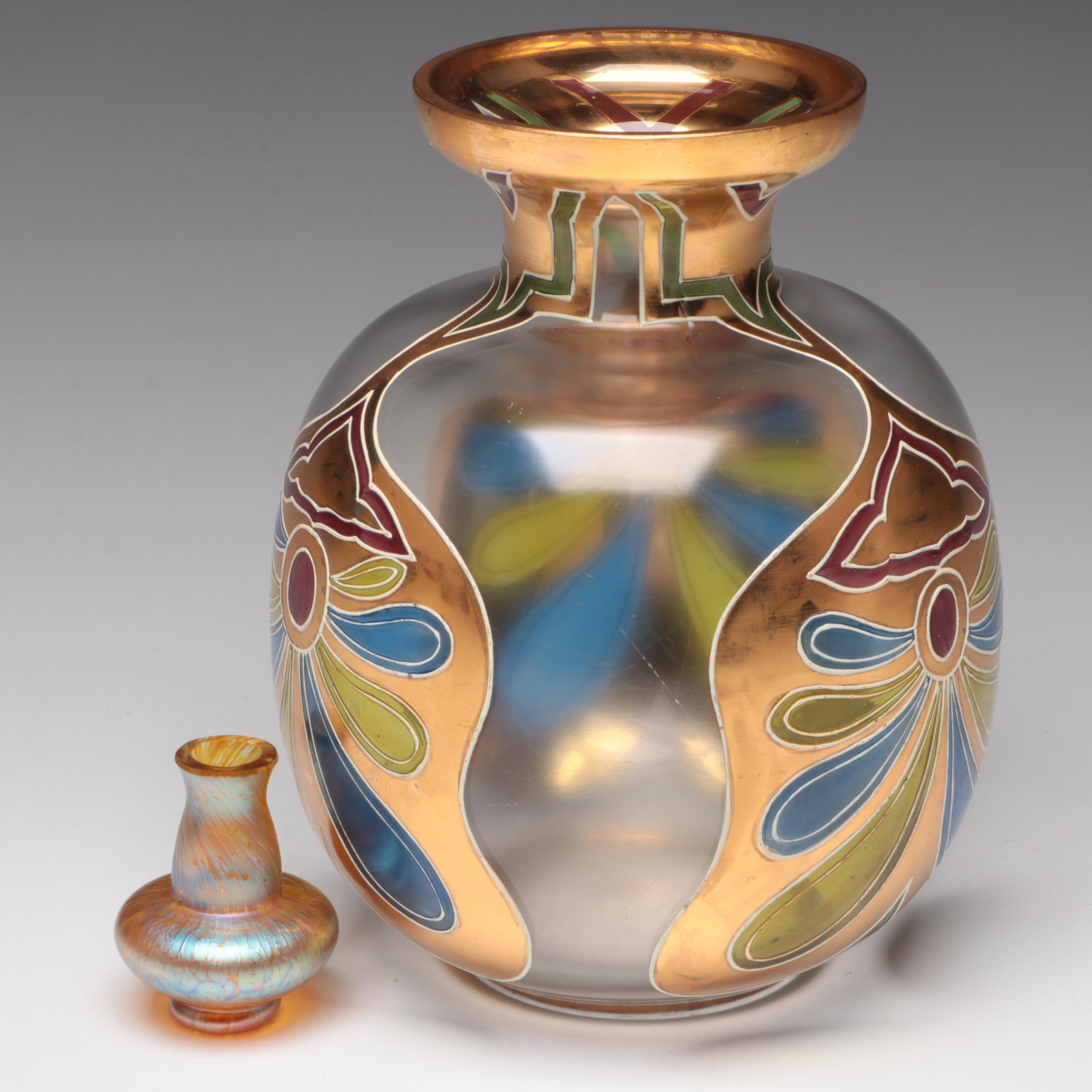 Hurrach Style Art Nouveau Bottle, Opalescent Glass Plate, Loetz Style ...