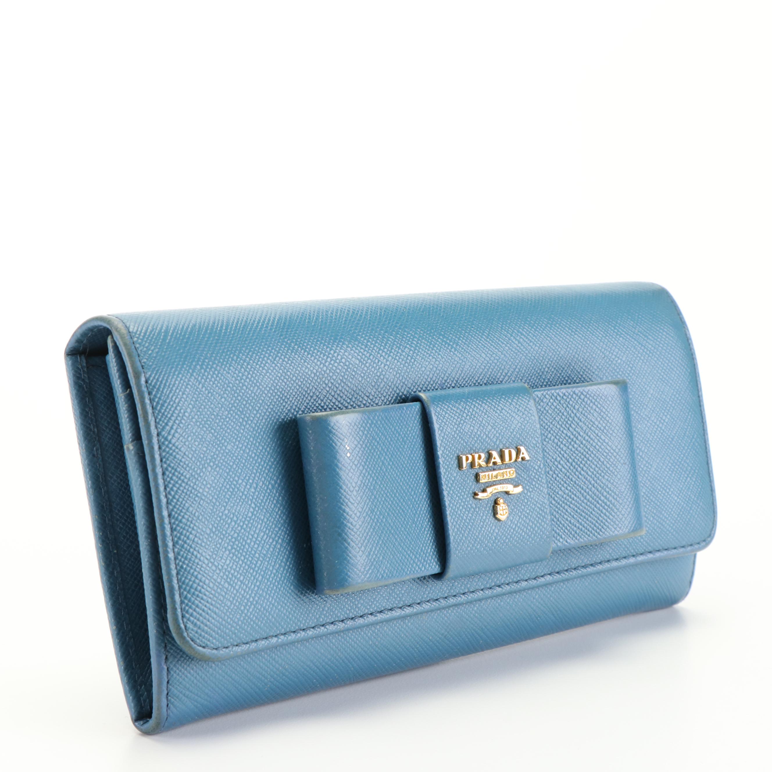 Prada Continental Bow Wallet in Sky Blue Saffiano Leather | Everything ...