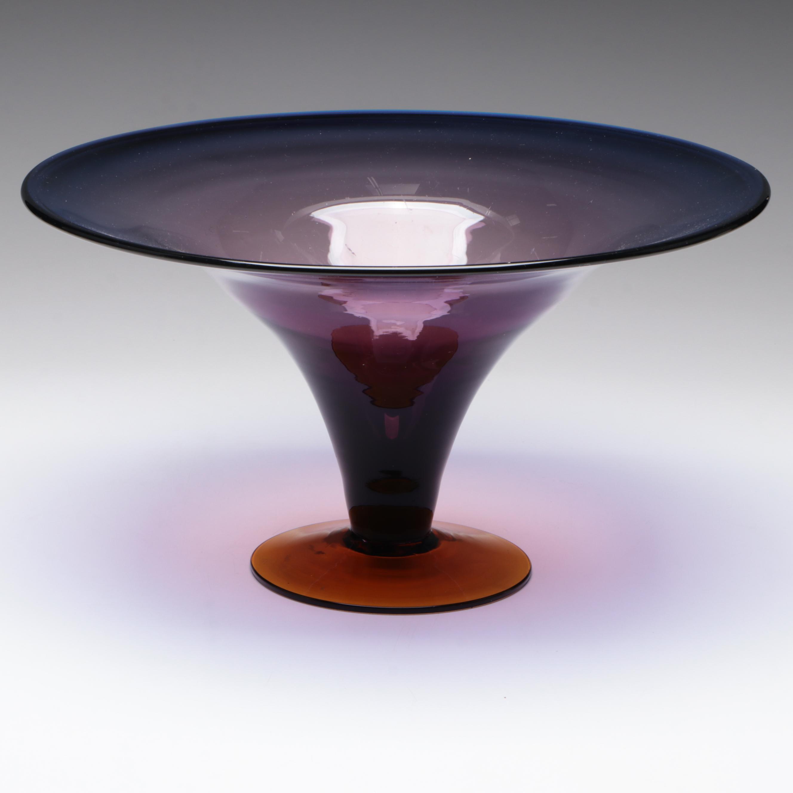 Blenko Handmade Amethyst and Orange Color Block Art Glass Compote | EBTH