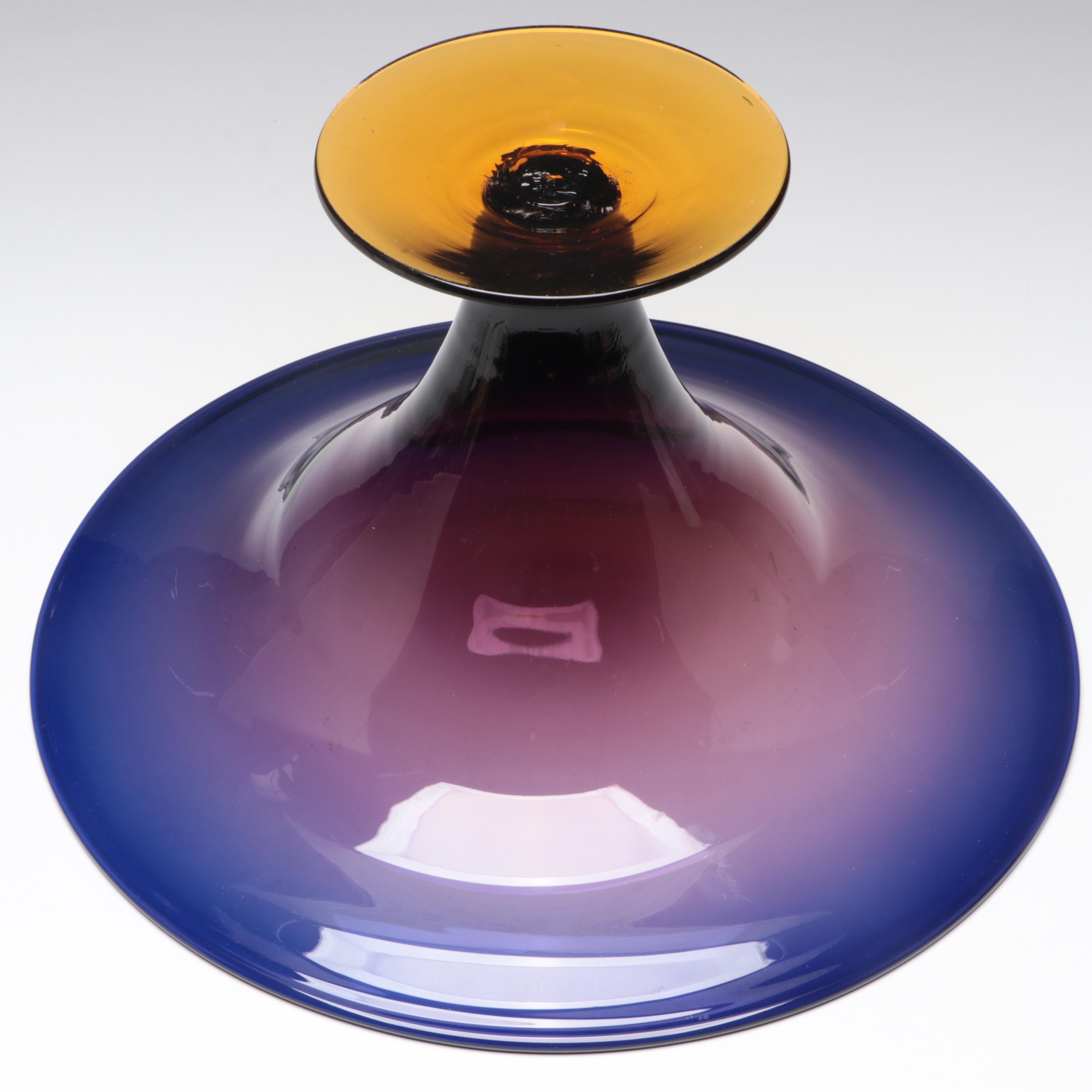 Blenko Handmade Amethyst and Orange Color Block Art Glass Compote | EBTH
