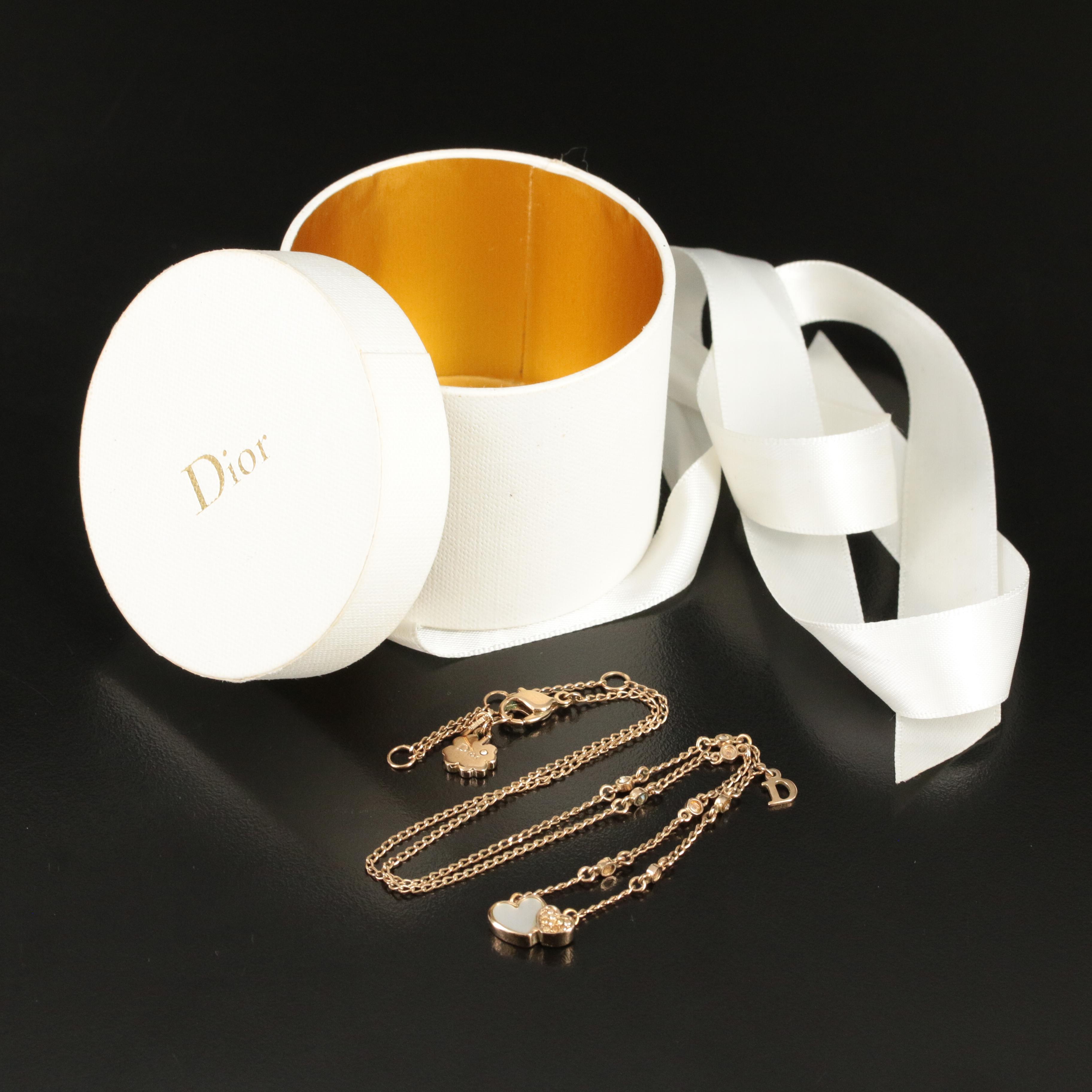 Christian Dior Mother of Pearl and Crystal Logo Double Heart Station ...