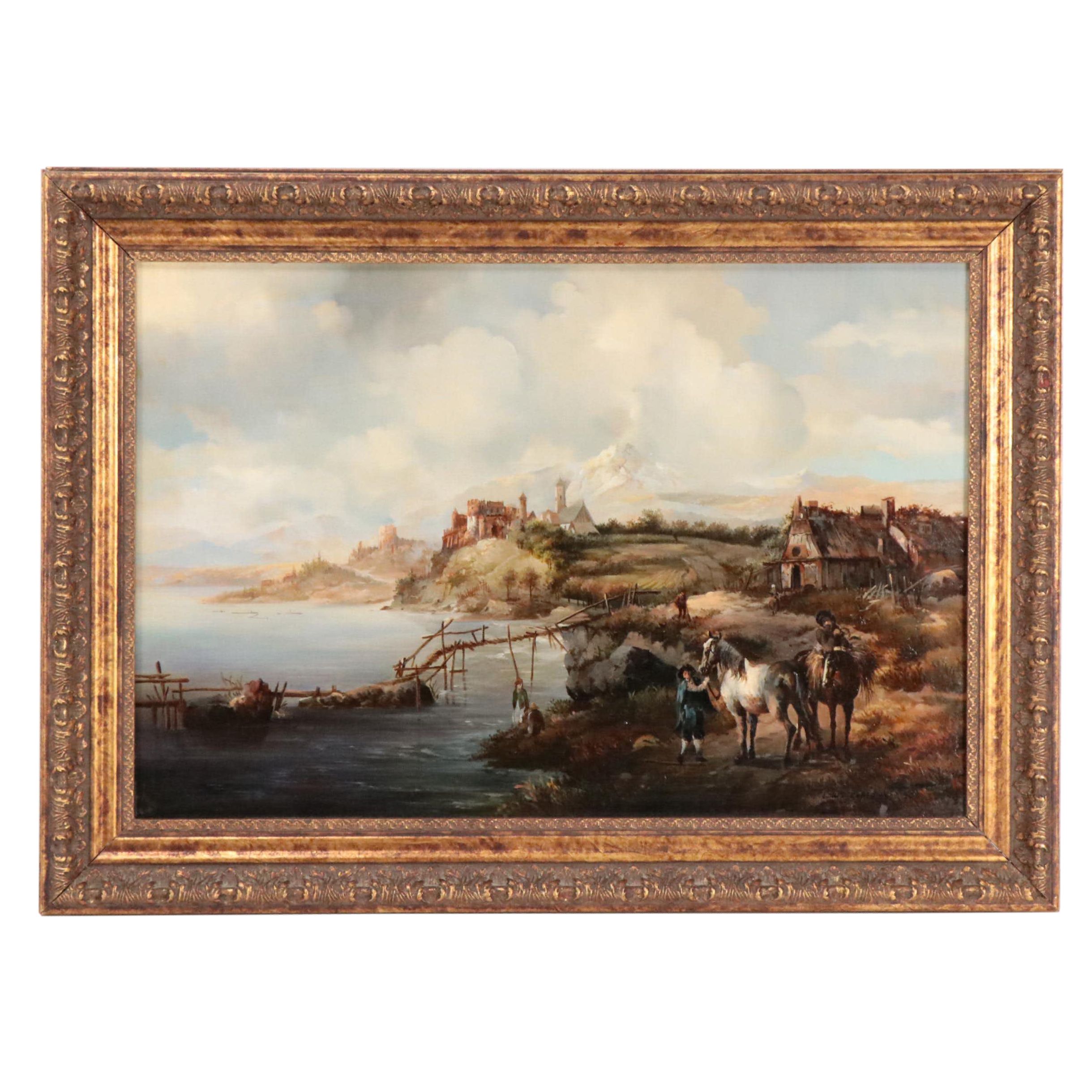 Louis Kuperman Oil Painting of Village Scene with Figures and Horses | EBTH