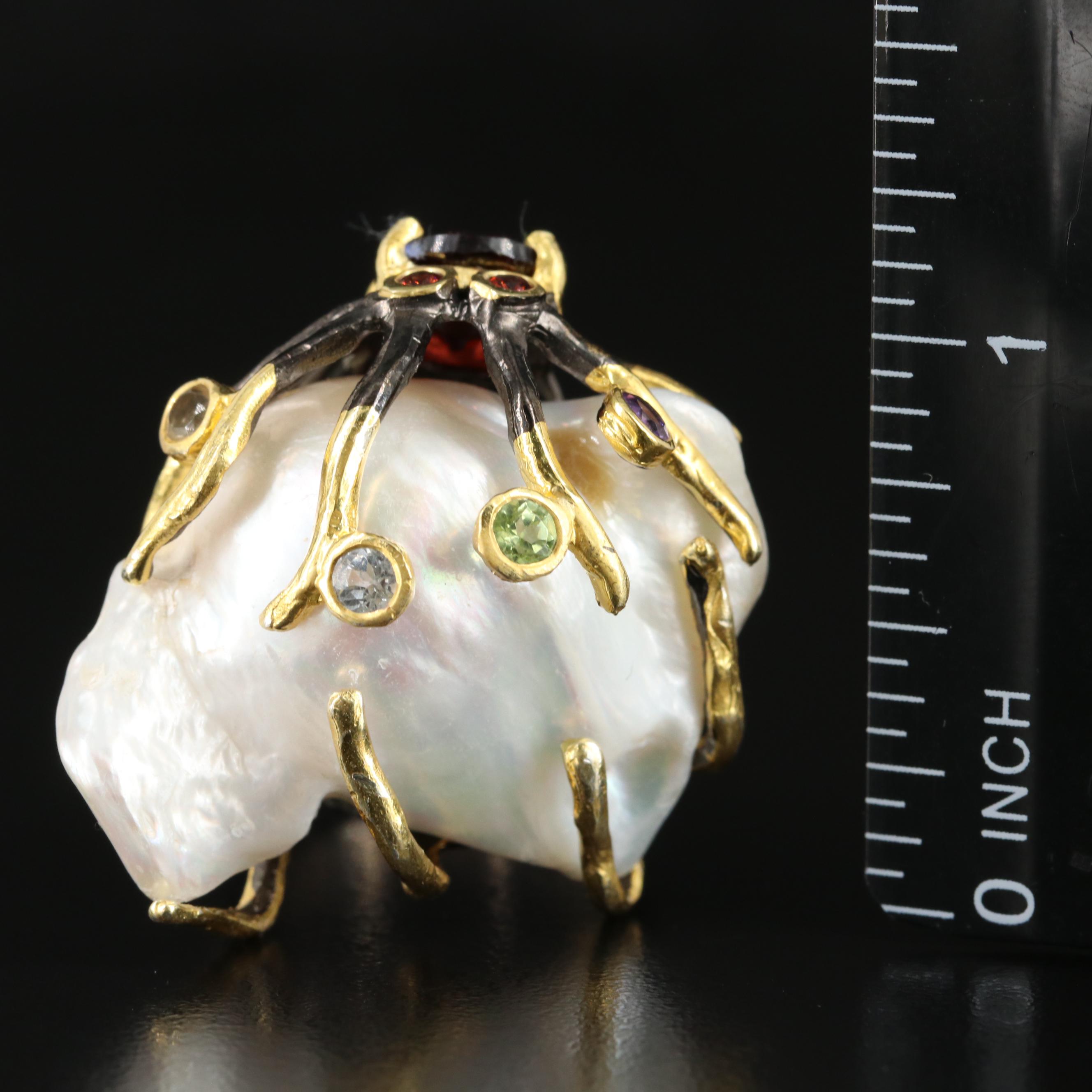 Sterling Pearl, Garnet and Gemstone Octopus Ring | EBTH