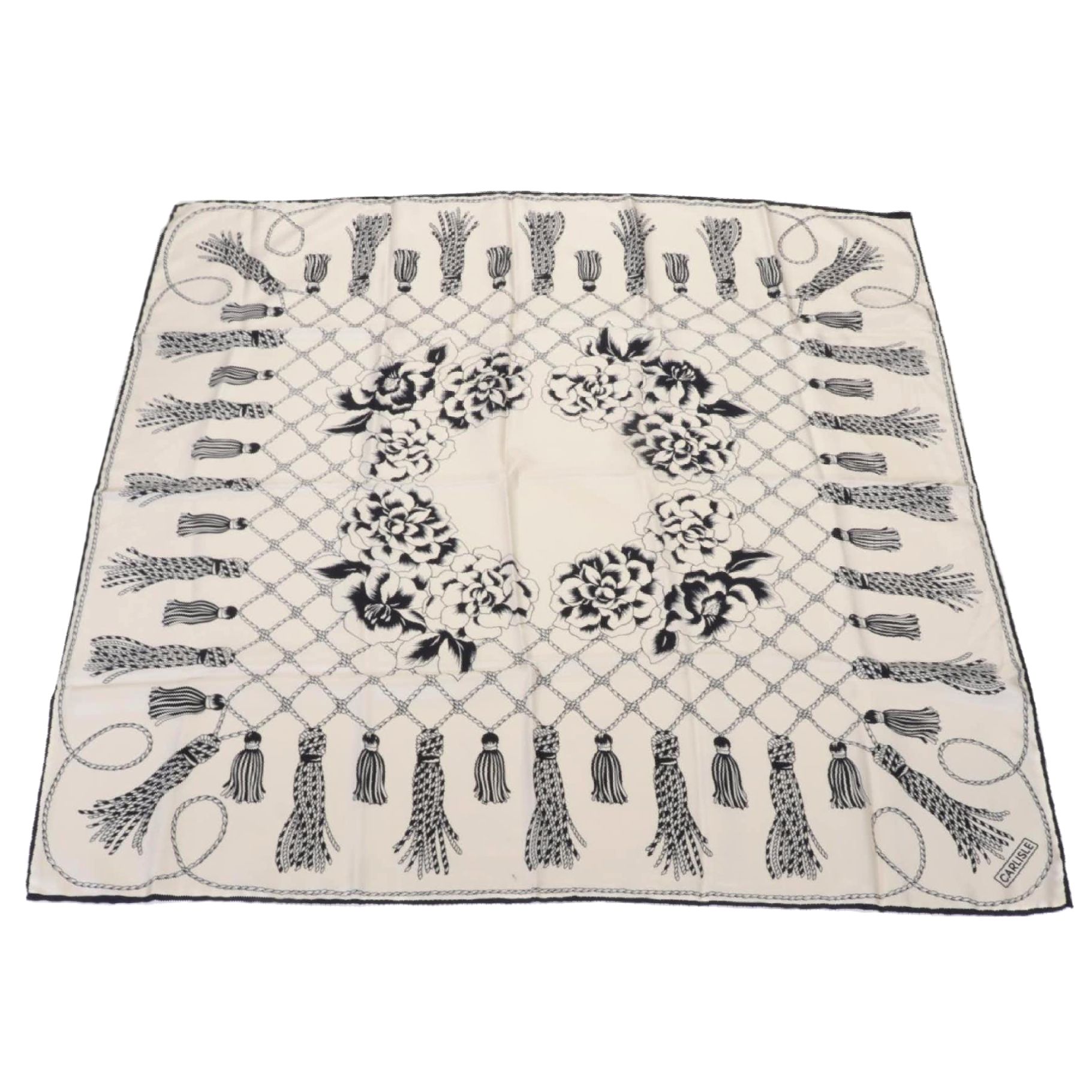 Carlisle Tan and Black Silk Scarf With Floral and Tassel Motif | EBTH