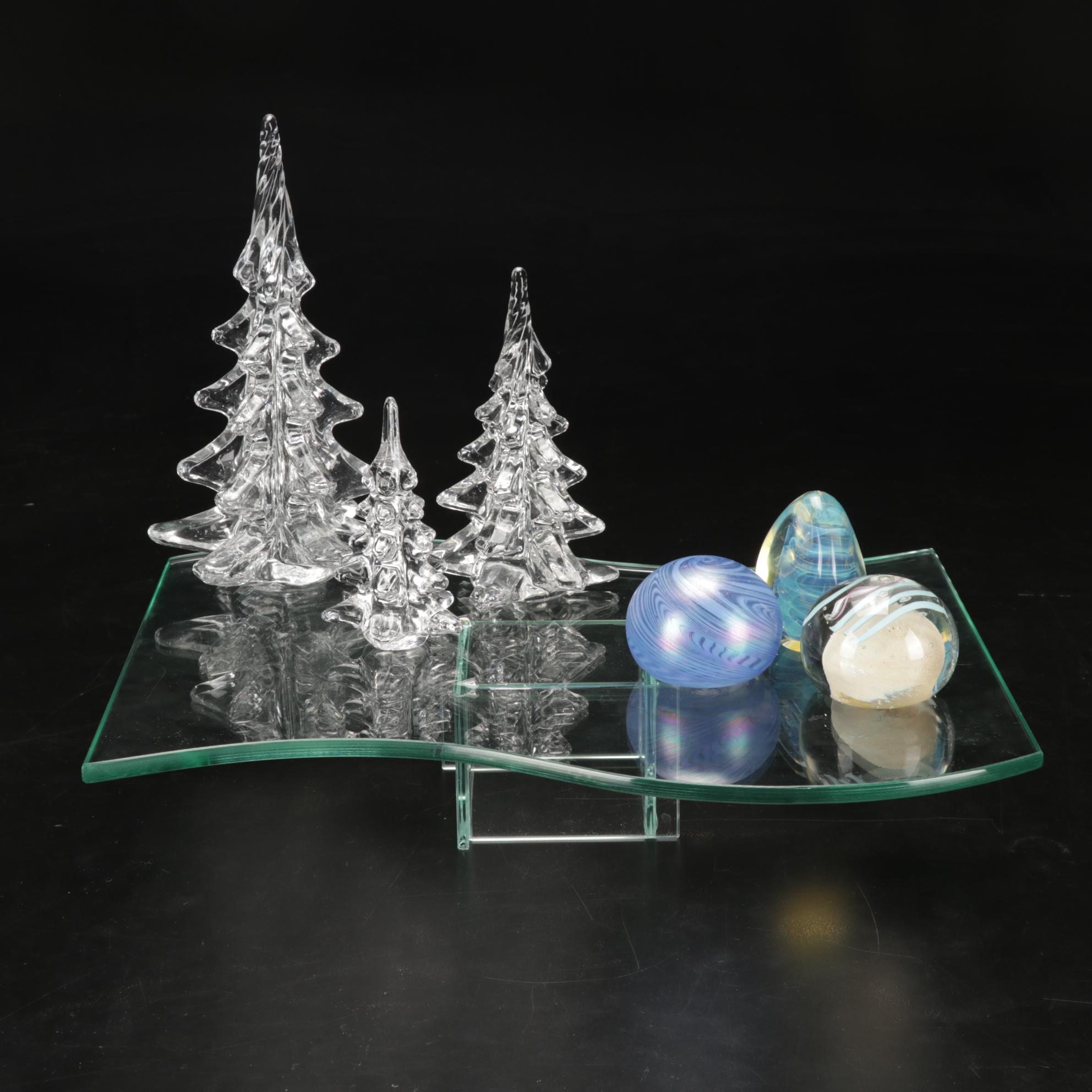 Trio of Signed Art Glass Paperweights, Glass Display Shelf and ...