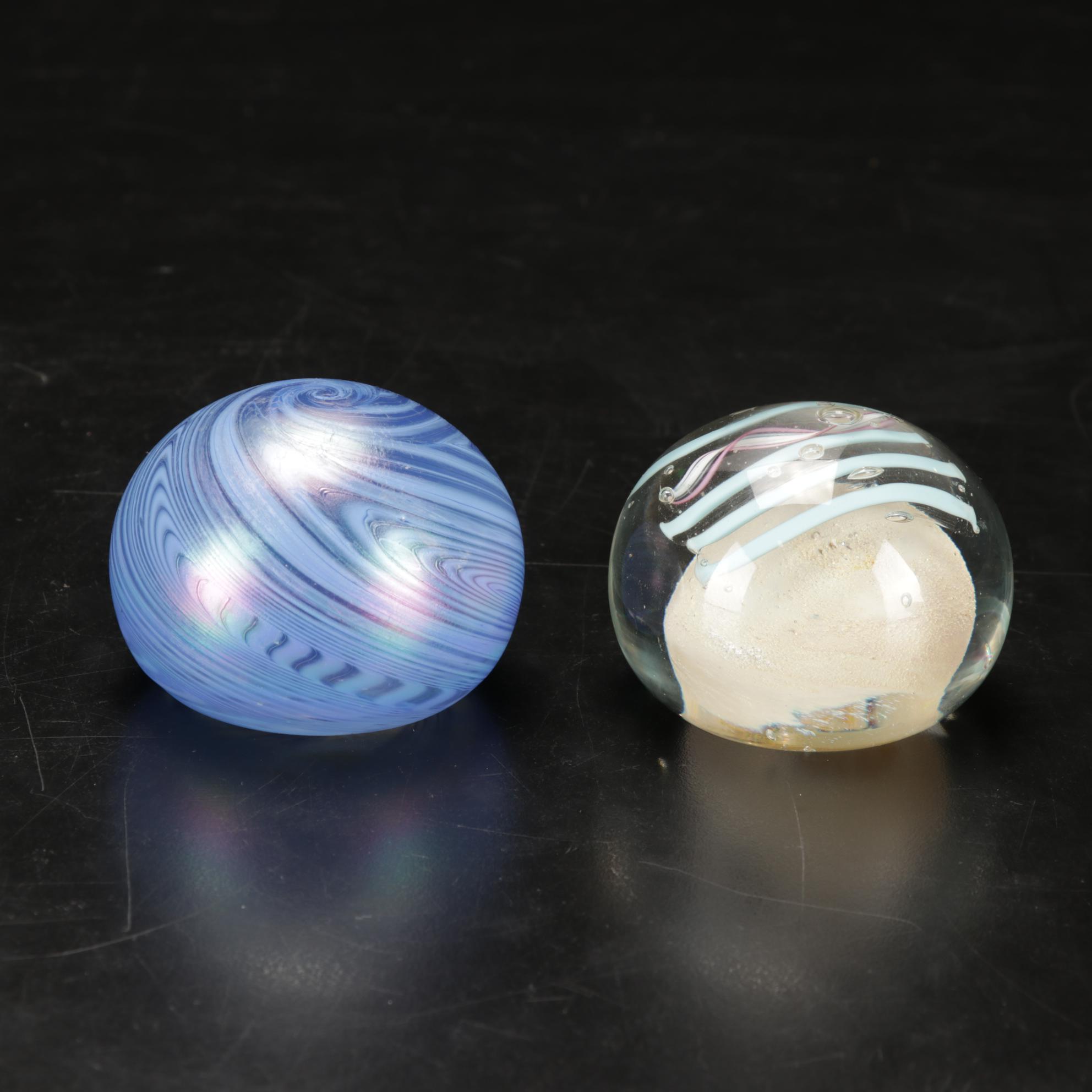 Trio of Signed Art Glass Paperweights, Glass Display Shelf and ...