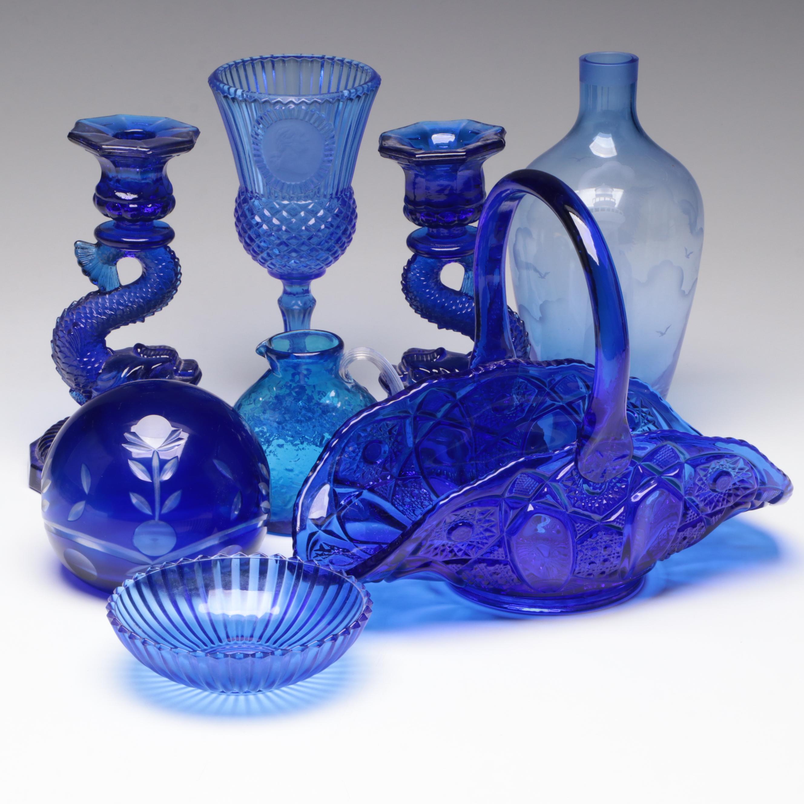 Mosser Glass Cobalt Dolphin-Form Candlesticks with Other Cobalt Glass ...