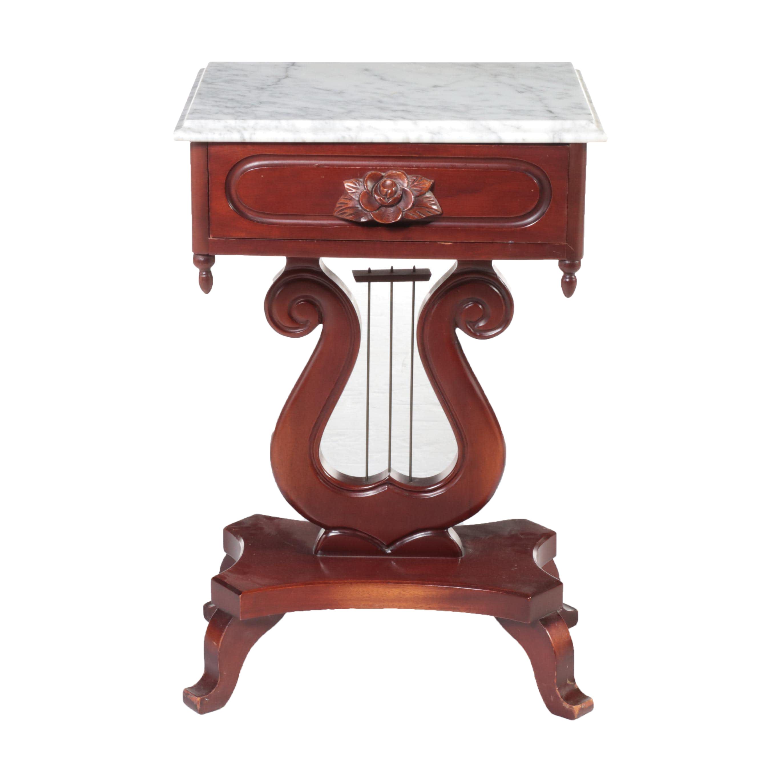 Victorian Style Marble Topped Hardwood Lyre-Base Table | EBTH
