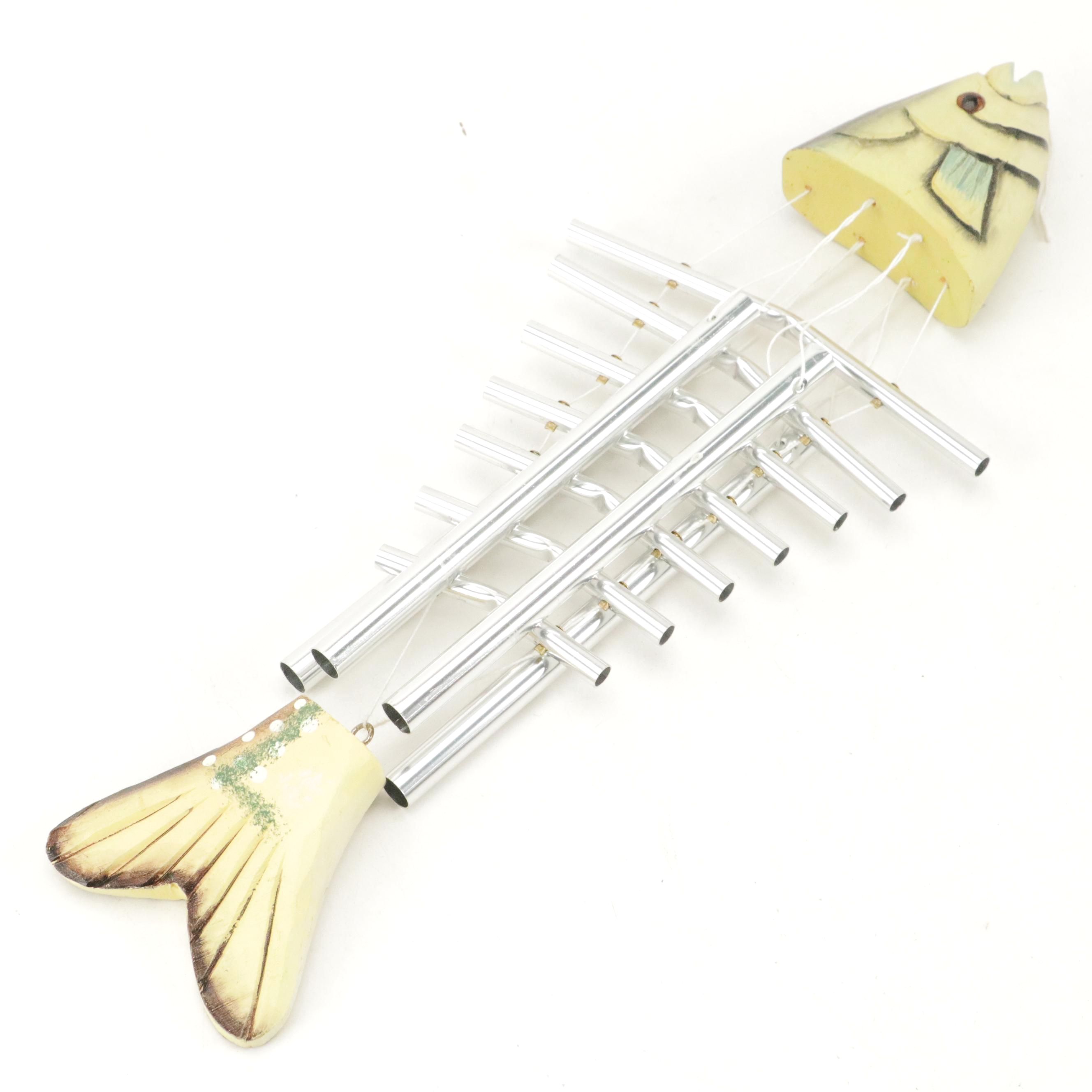 Yellow Enameled Wood and Metal Tubes Fish Wind Chimes | EBTH
