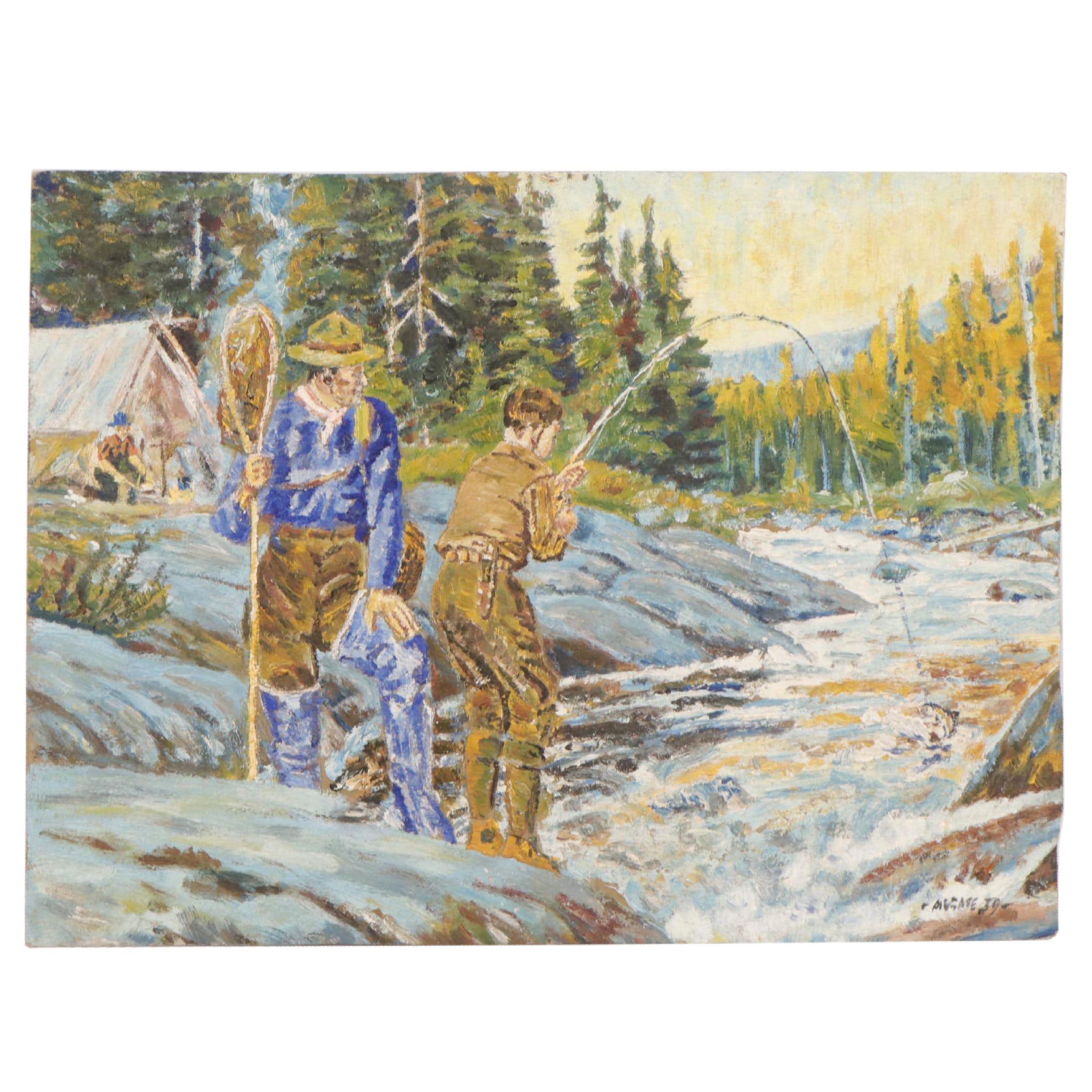 Michael Salvatore Abbate Oil Painting of Camping Scene with Fly Fishing ...