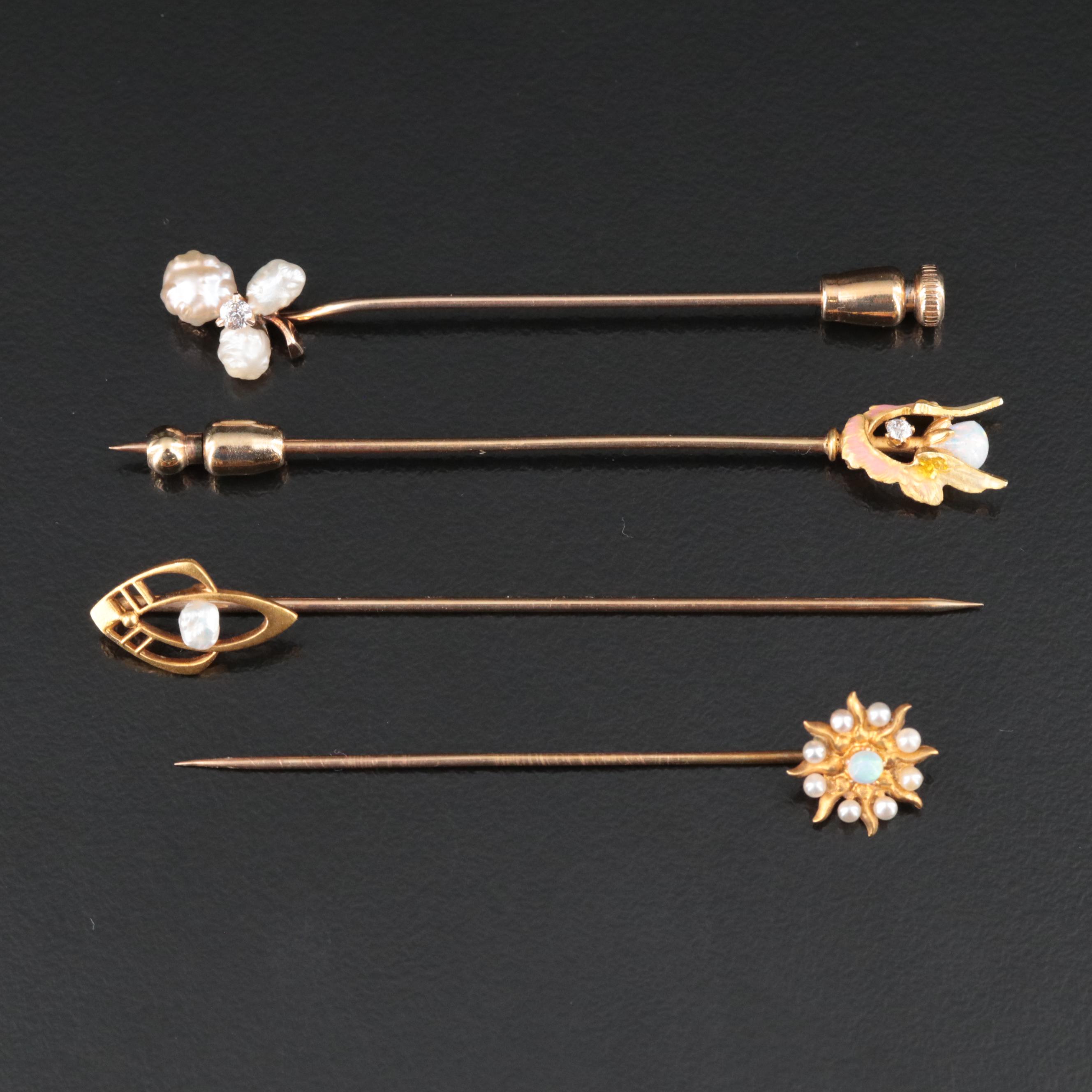 Antique 14K Stick Pins Featuring Krementz, Pearls, Opal and Diamonds | EBTH