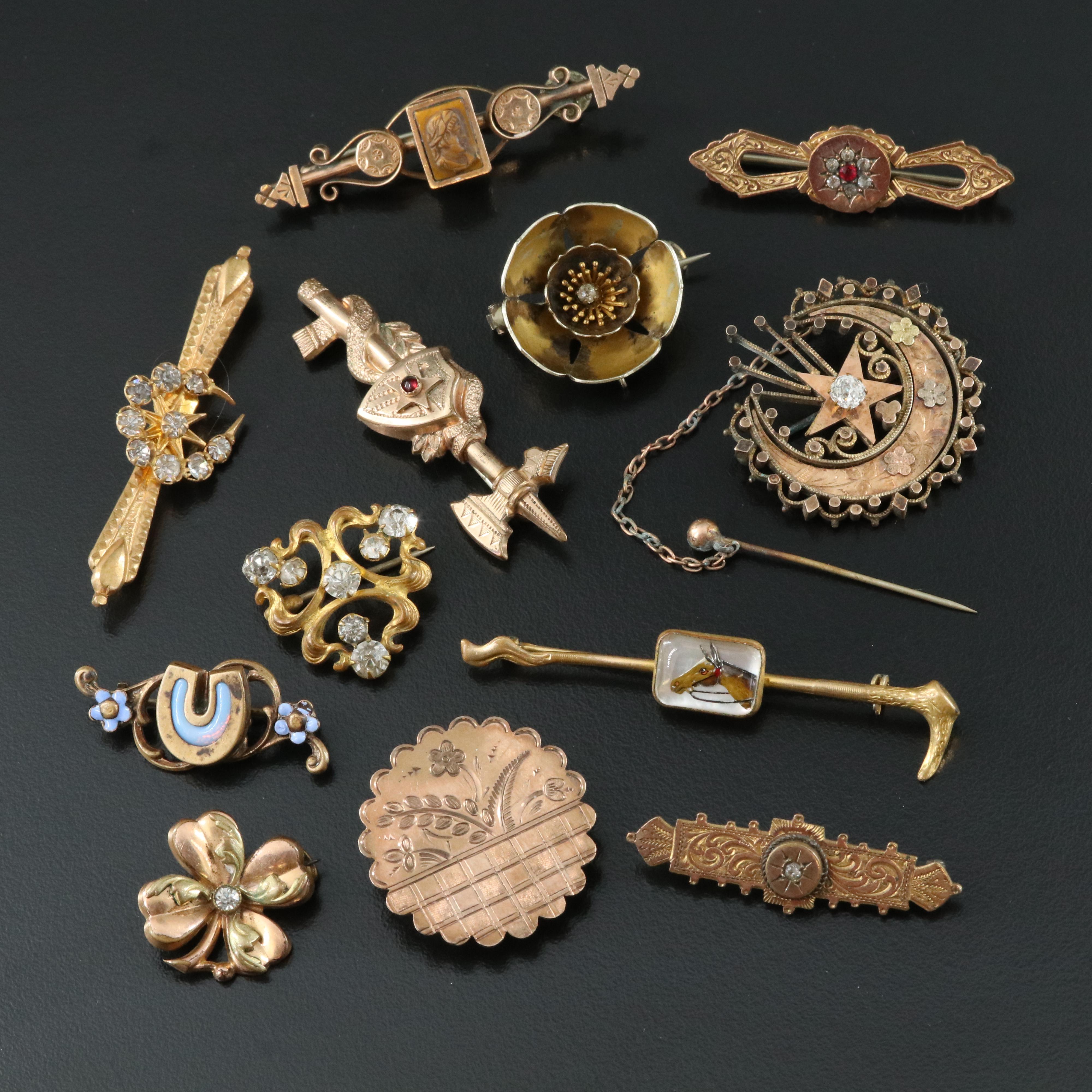 Vintage Brooch Collection Including Tiger's Eye and Rhinestones | EBTH