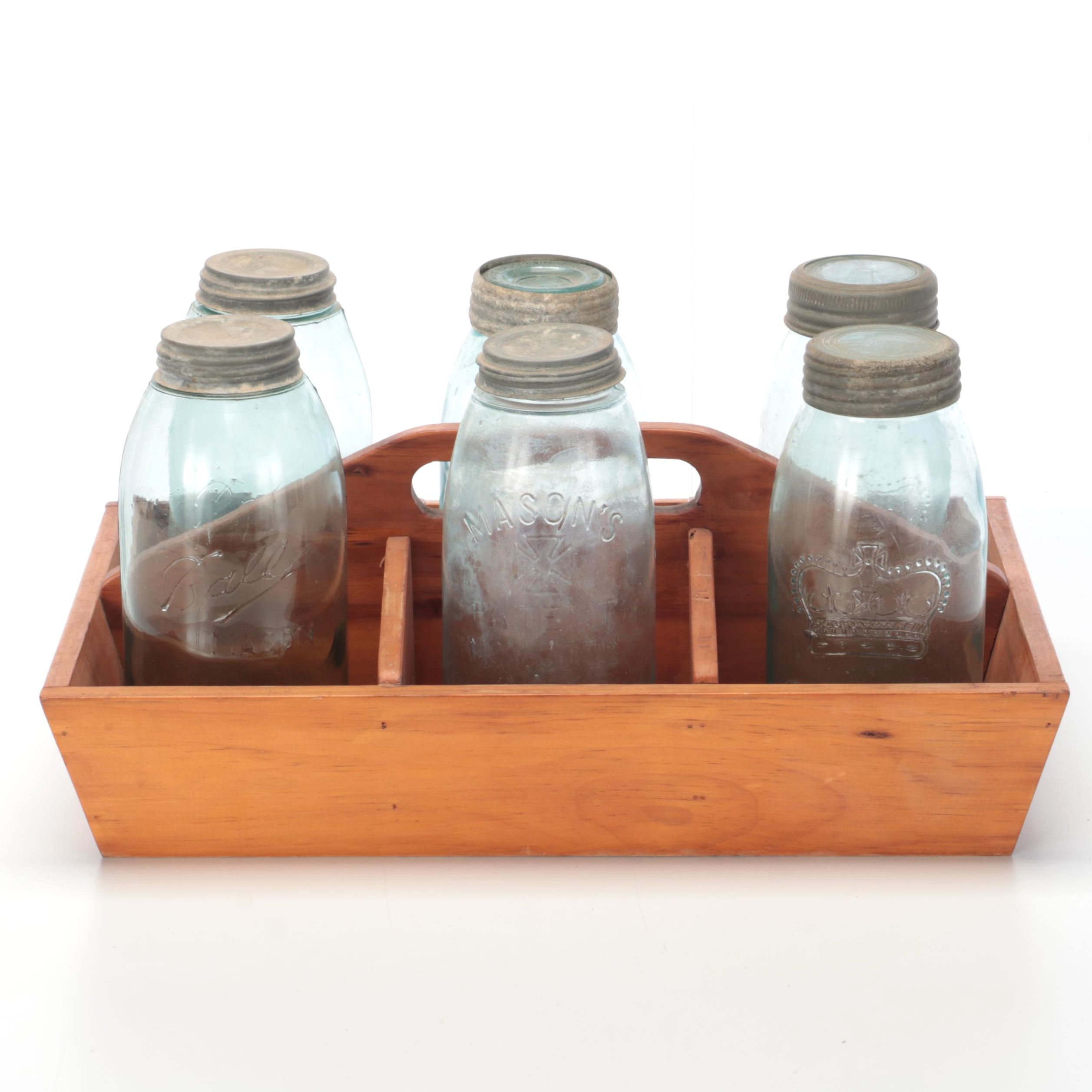 Crown with Other Blue Green Canning Jar and Wooden Caddy | EBTH