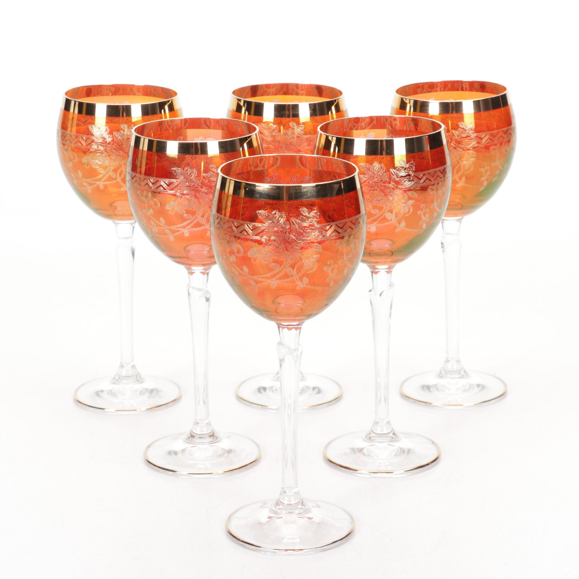 Gold Etched and Decorated Bohemian Sunset-Tone Glass Goblets, Set of ...