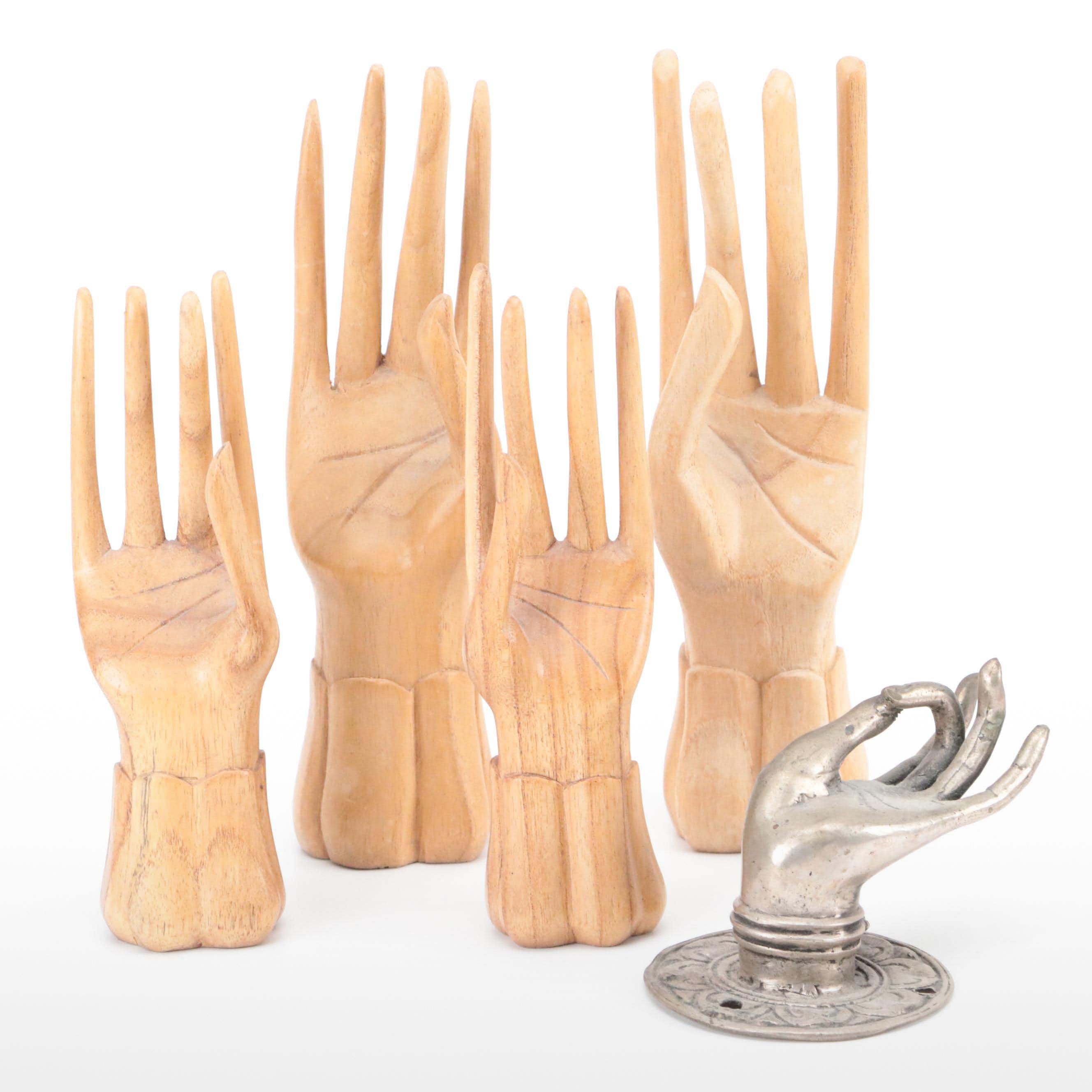 Four Carved Wood Hand Sculptures with Indonesian White Metal Mudra Hand ...