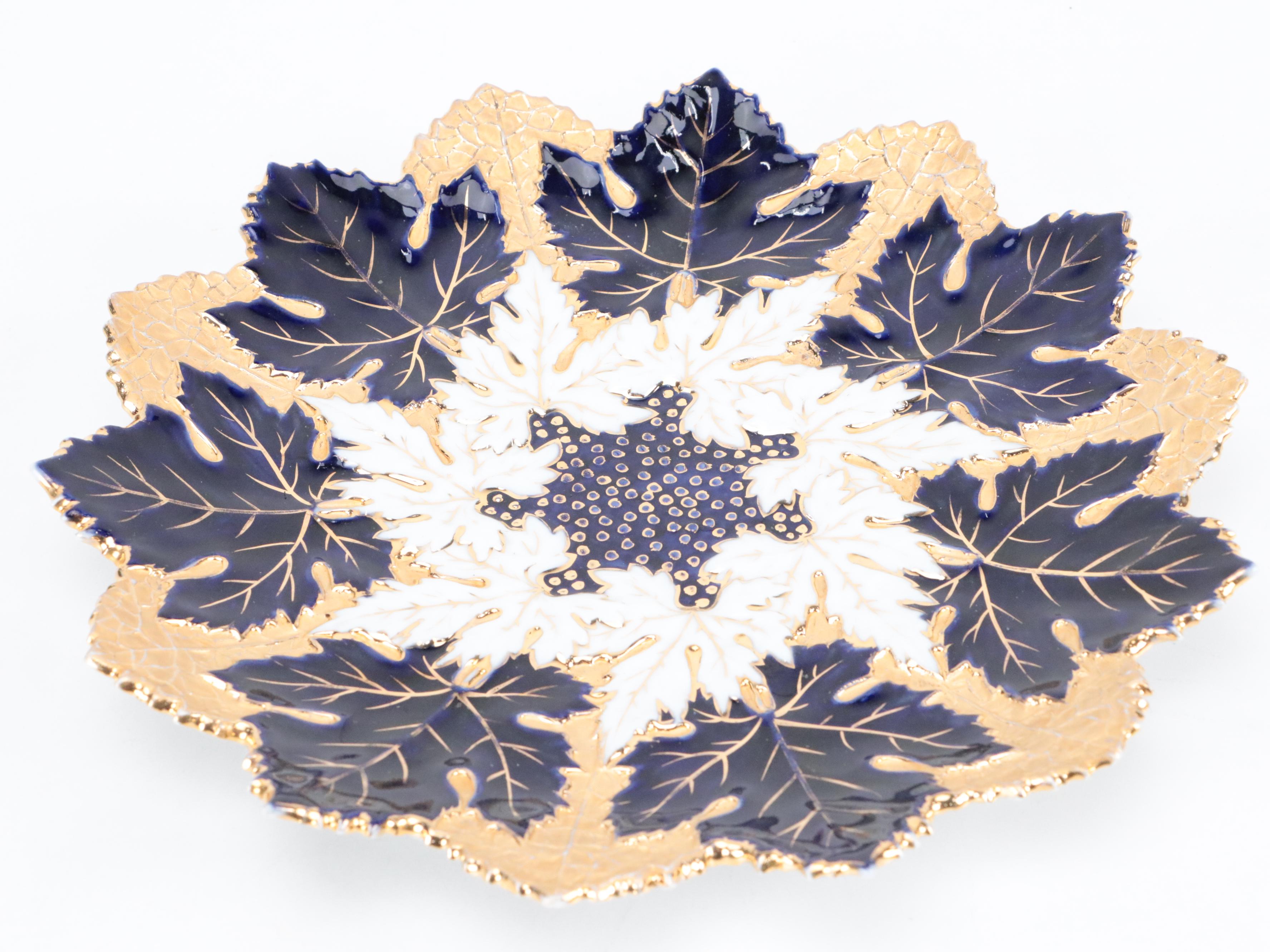 Meissen and Other Dresden Porcelain Cobalt and Gilt Molded Maple Leaf ...