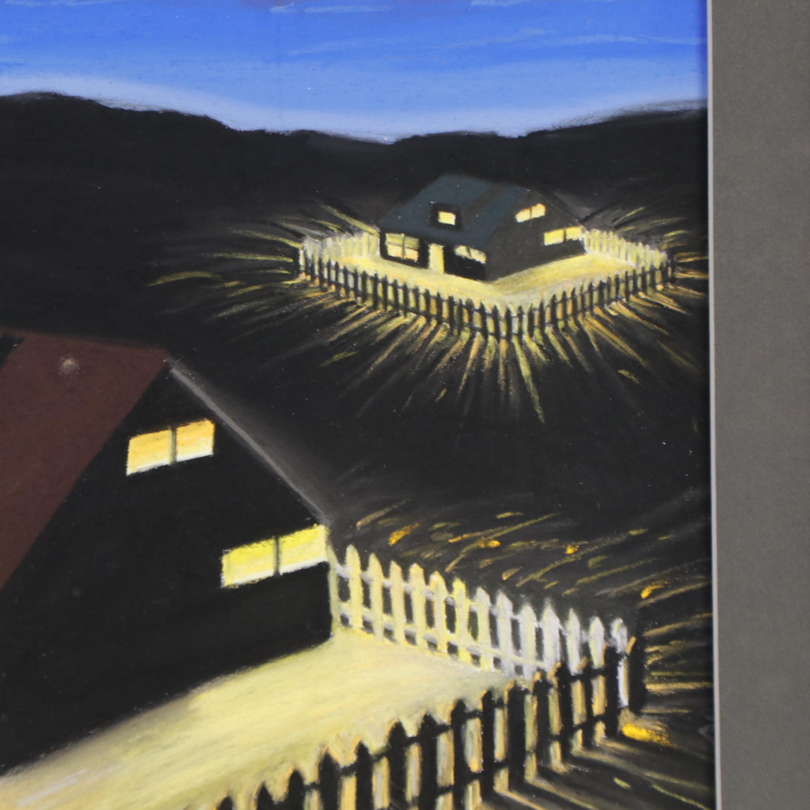 R. Michael Wommack Nighttime Landscape Pastel Drawing of Houses, 21st ...