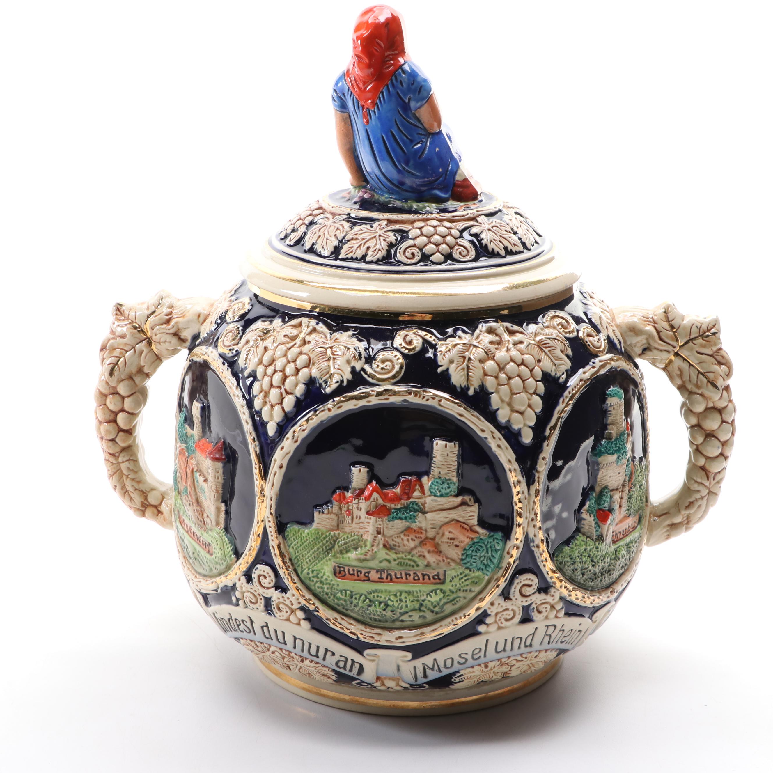 Marzi & Remy Stoneware Punch Bowl, Mugs, and Lidded Jar, Mid to Late ...