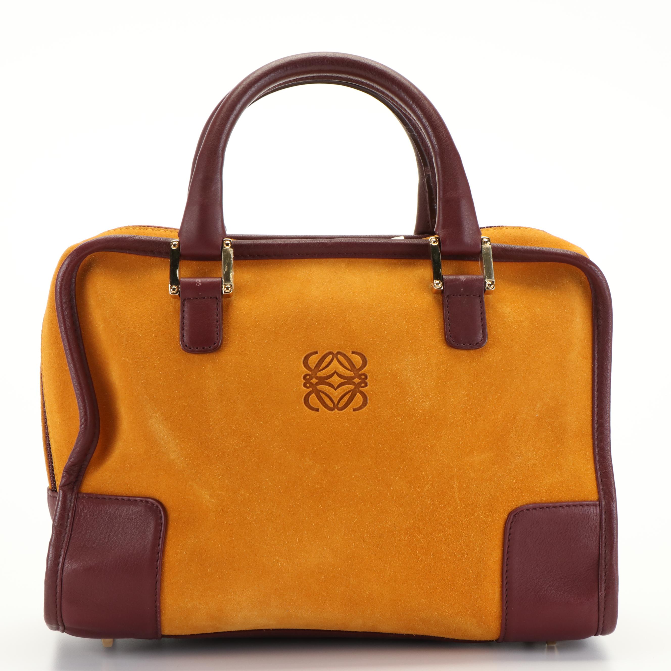 Loewe Amazona Boston Bag in Orange Suede and Burgundy Leather Trim | EBTH