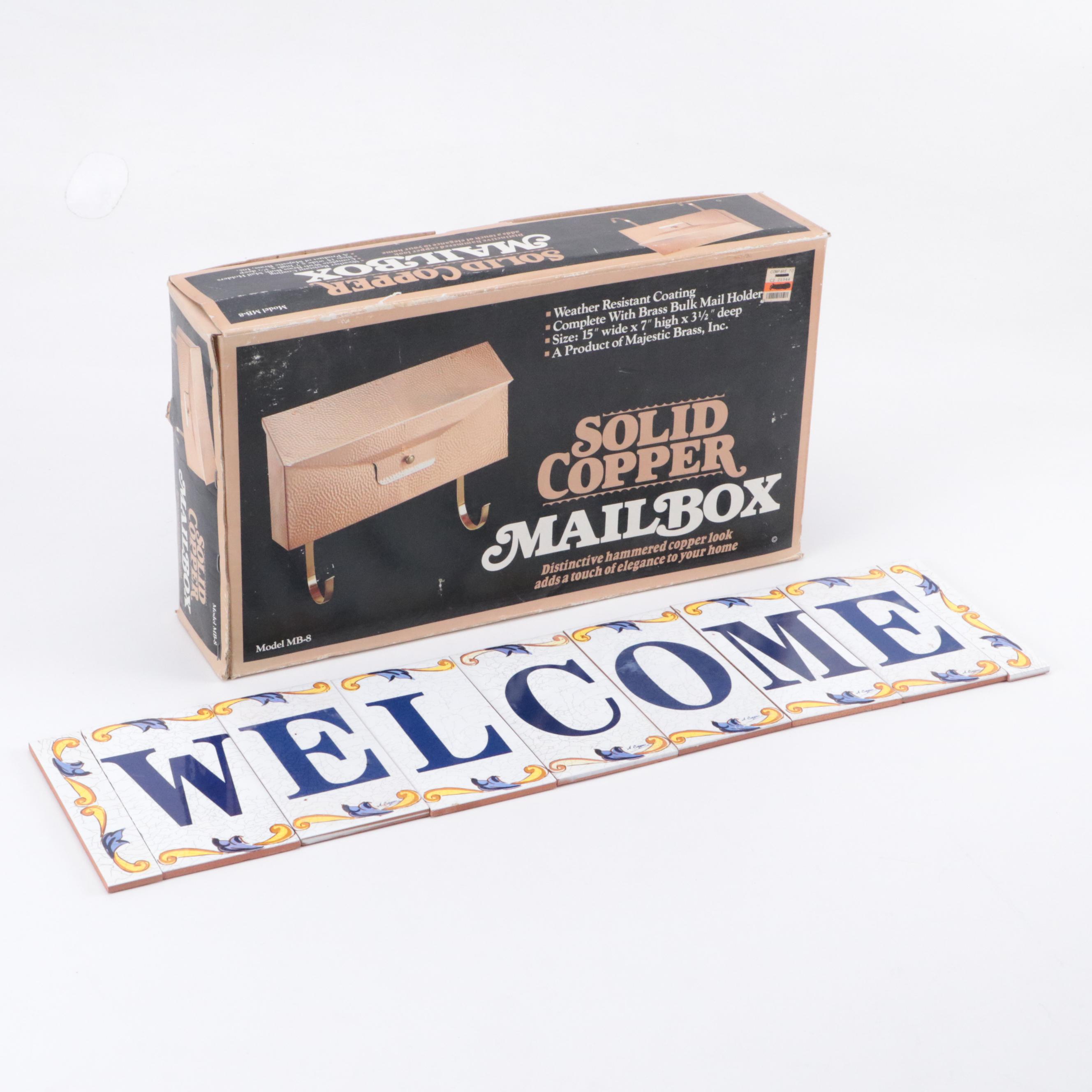 Hammered Copper Mailbox With Tin Glazed Terracotta "Welcome" Wall Tiles ...