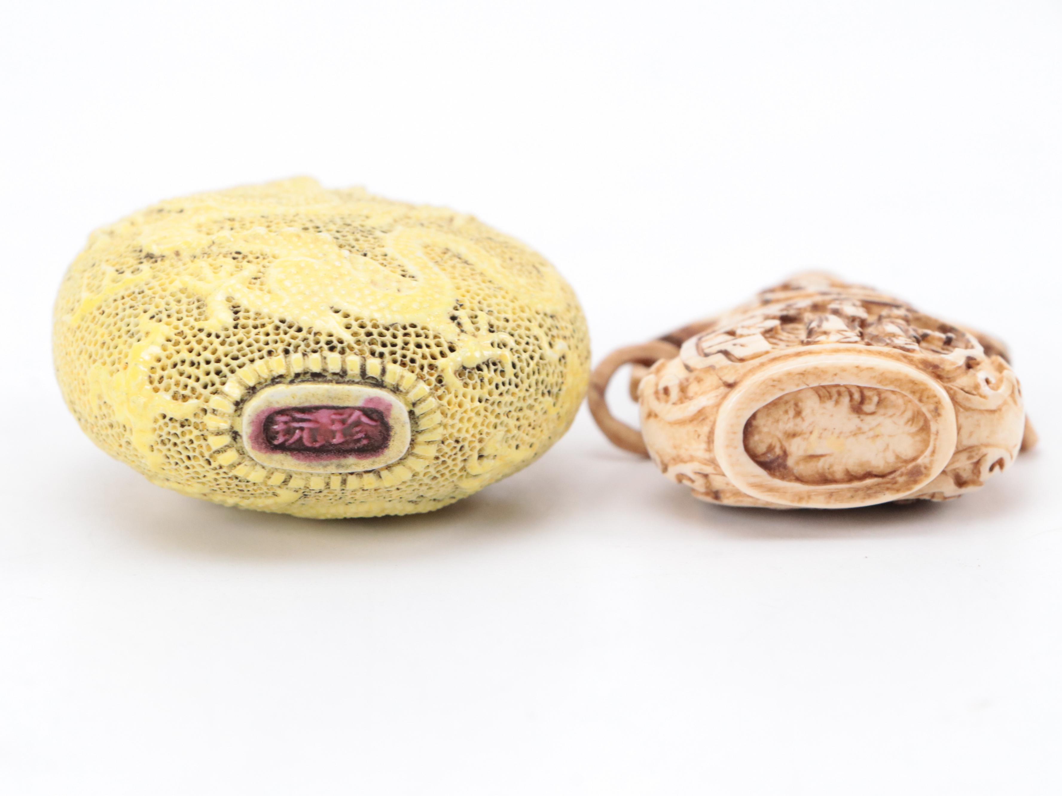 Chinese Porcelain, Carved Tagua Nut and Faux Cinnabar Snuff Bottles | EBTH