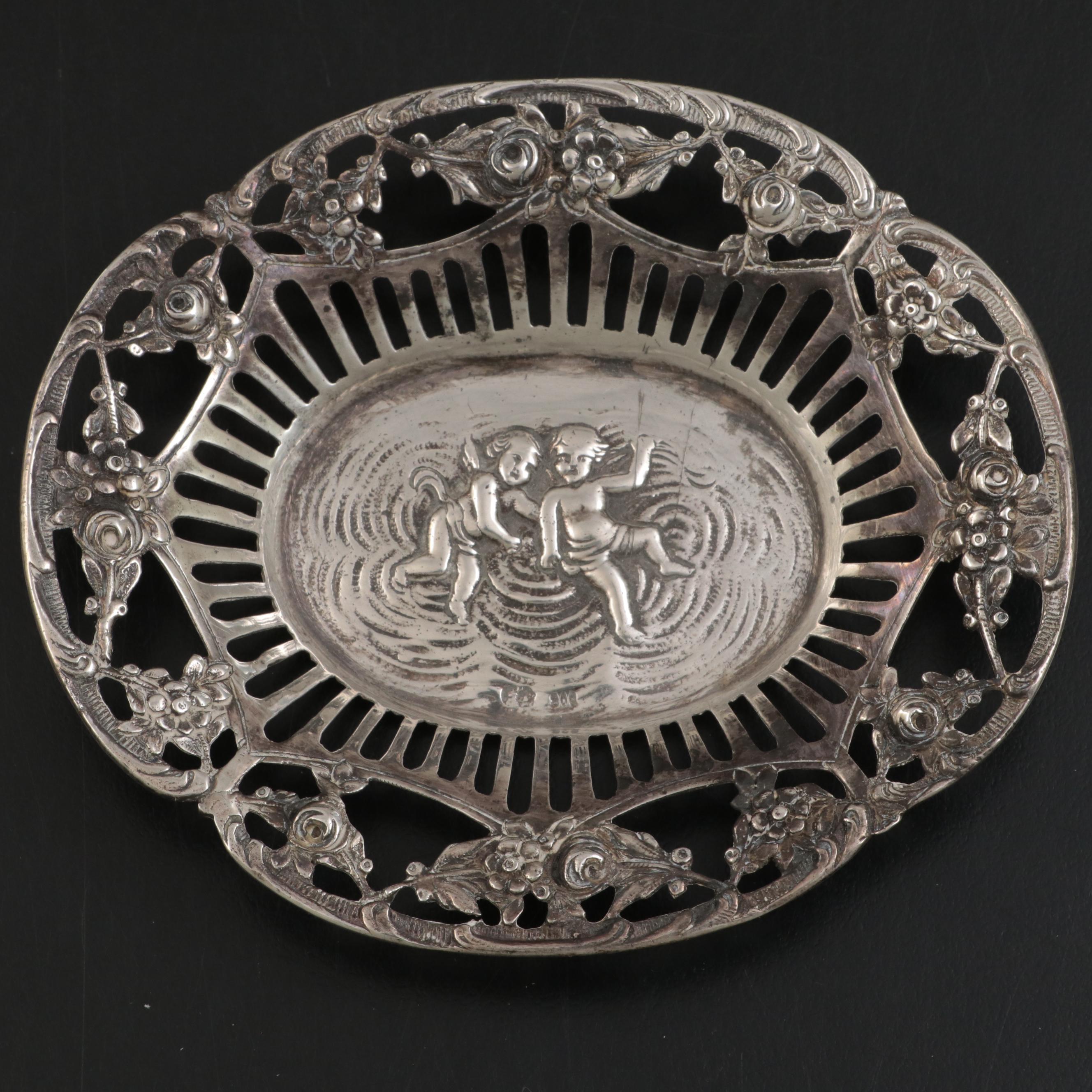 German 800 Silver Putti Dish with Dutch Silver Plate Reticulated Tray ...