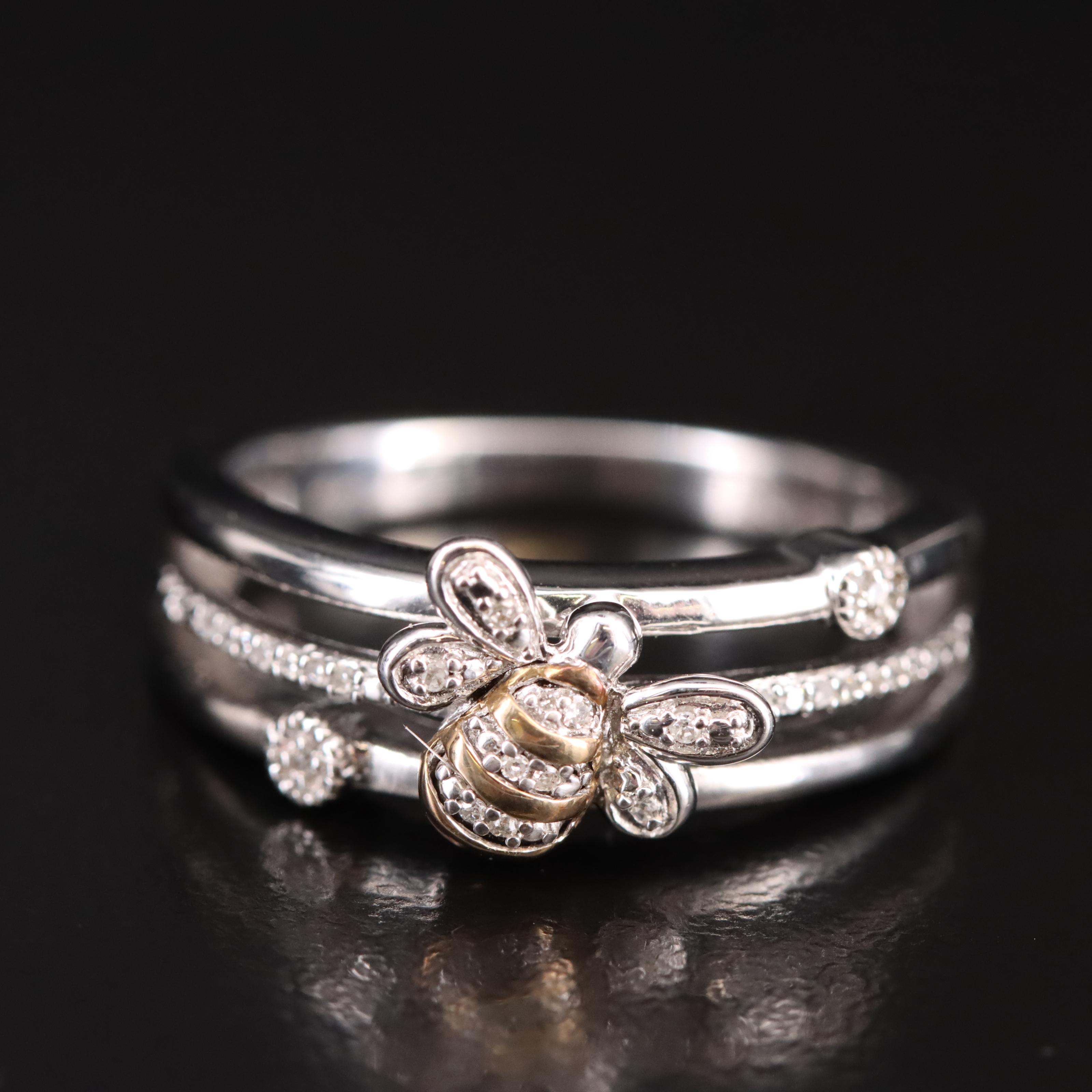 Sterling Diamond Bee Ring with 10K Accent | EBTH