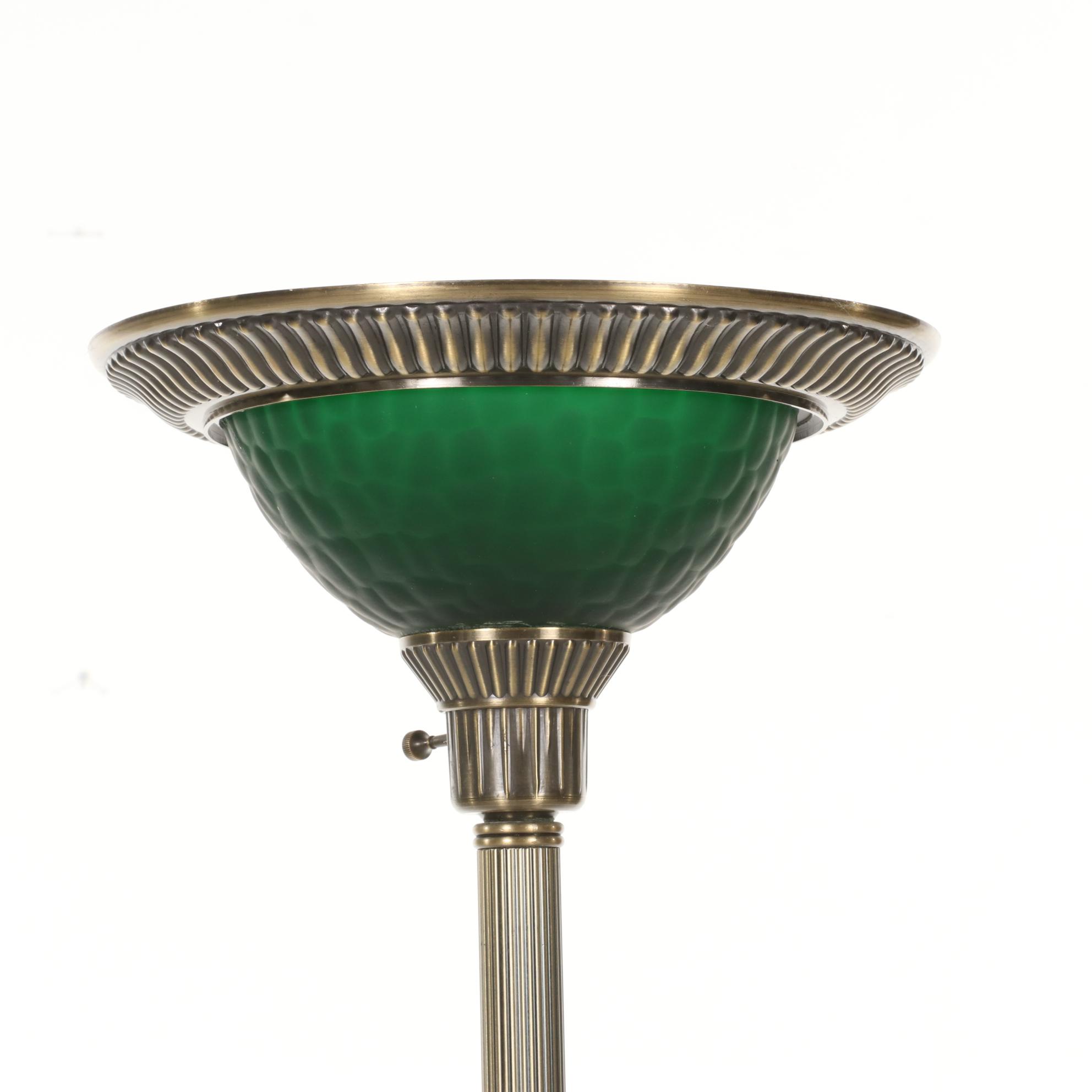 Ribbed Metal and Green Dimpled Glass Torchiere Floor Lamp, 2000 | EBTH