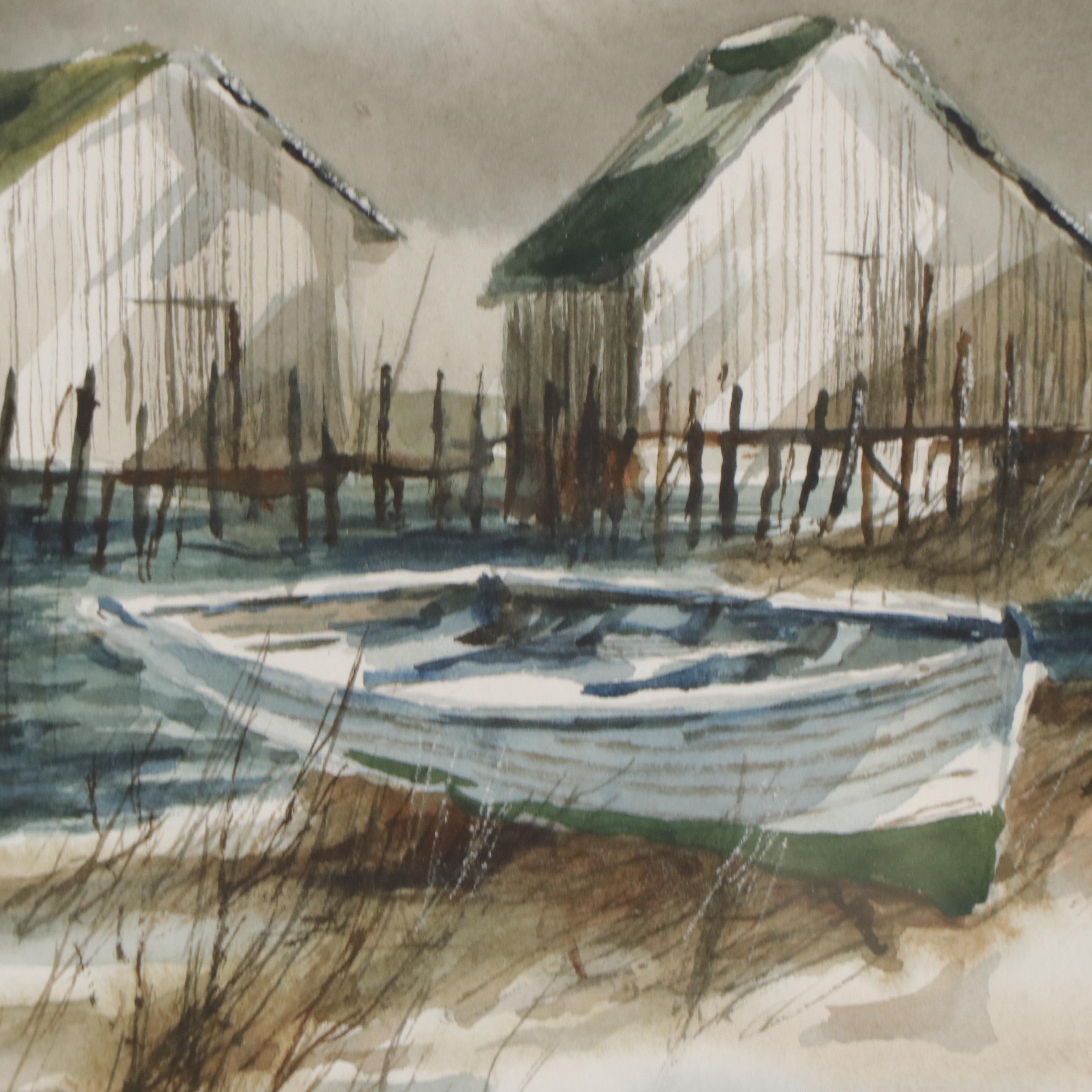 Robert Fabe Watercolor Painting of Coastal Landscape with Boats and ...